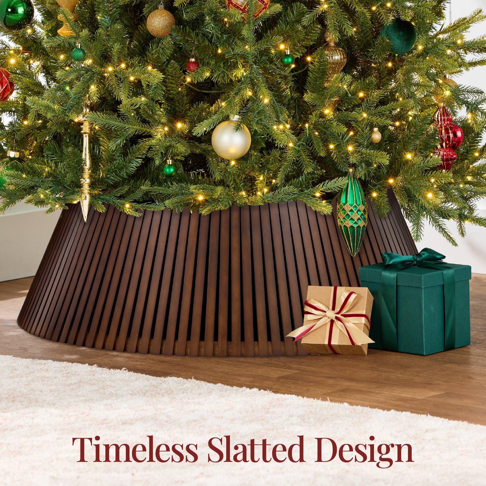 Best Choice Products 42in Wood Slatted Christmas Tree Collar Walnut ...