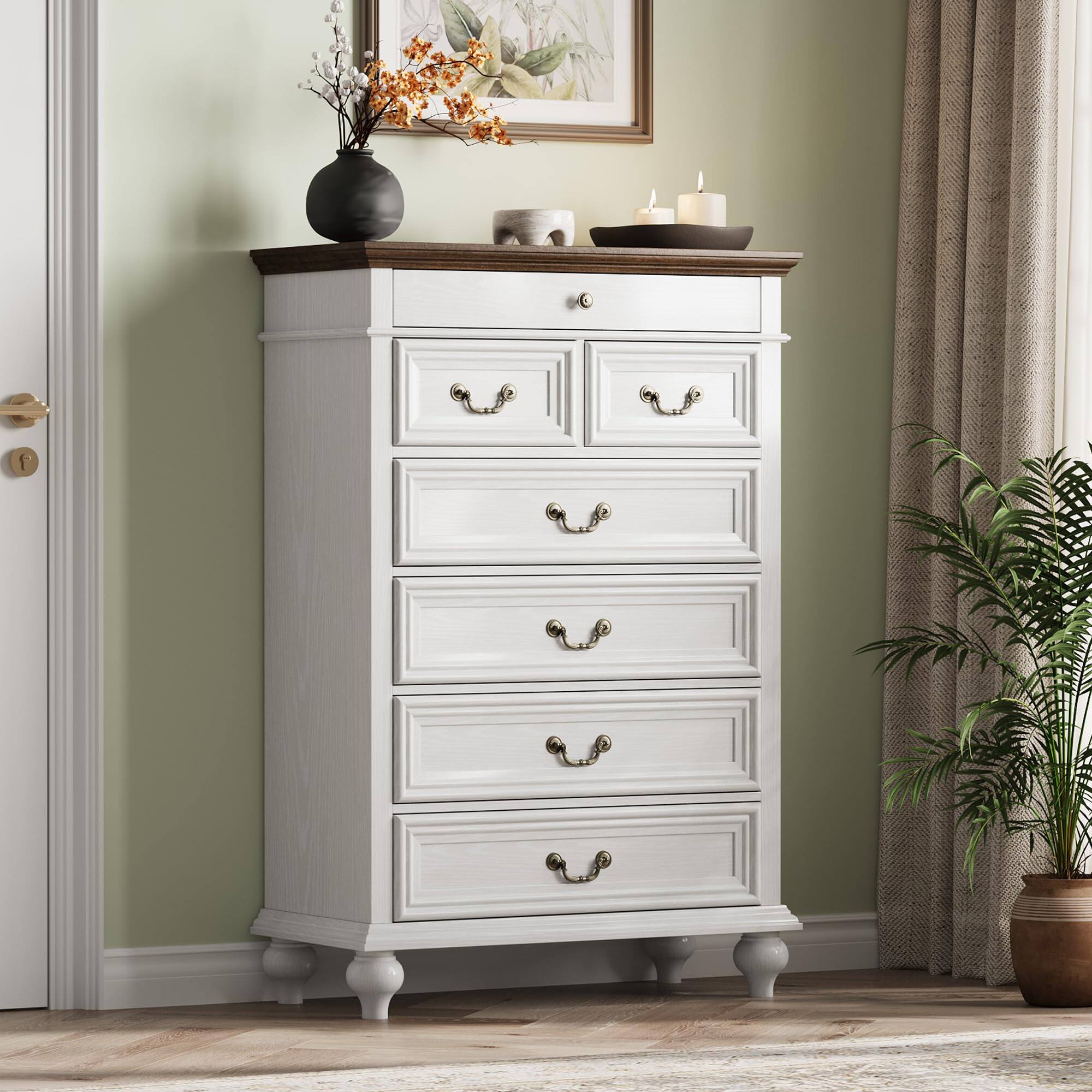 Homhougo 7 Drawers Dresser for Bedroom, Farmhouse 50" Tall Wood Chest ...