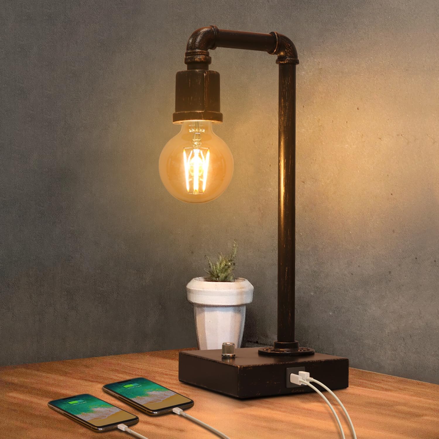 Stamp n Camp - Industrial Table Lamp Vintage Bedside Lamp with USB C ...
