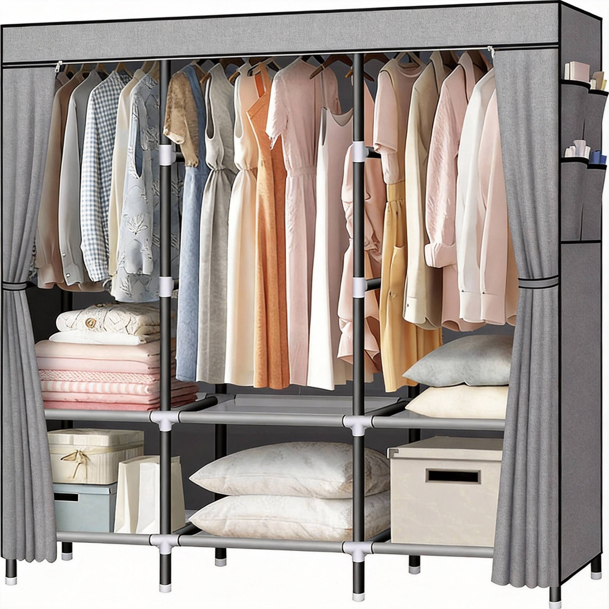 PO3TICJUNKI3 Portable Wardrobe With Rods And Shelves Non woven Fabric ...