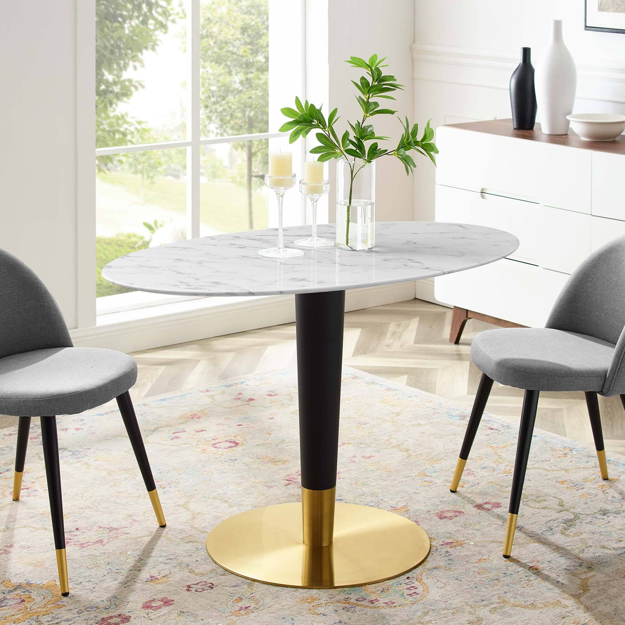 Zinque 48" Oval Artificial Marble Dining Table by Modway Gold White EEI ...