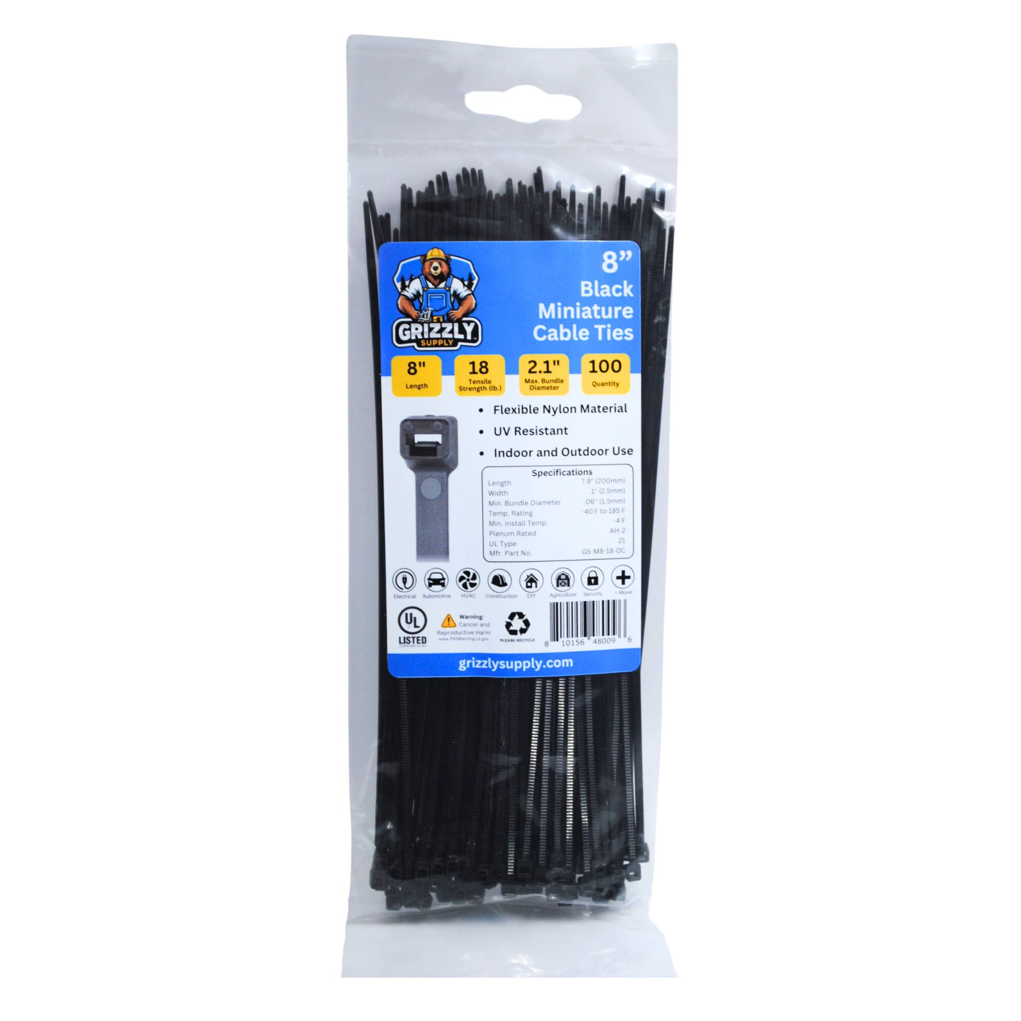 Grizzly Supply 8" 18lb Miniature Cable Tie 100/bag Black GS-M8-18-0C ...