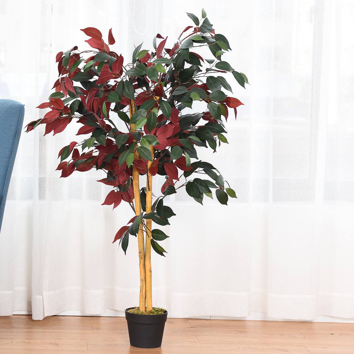Gymax Artificial Capensia Bush Home Decor 4 Feet Red Leaves Green ...