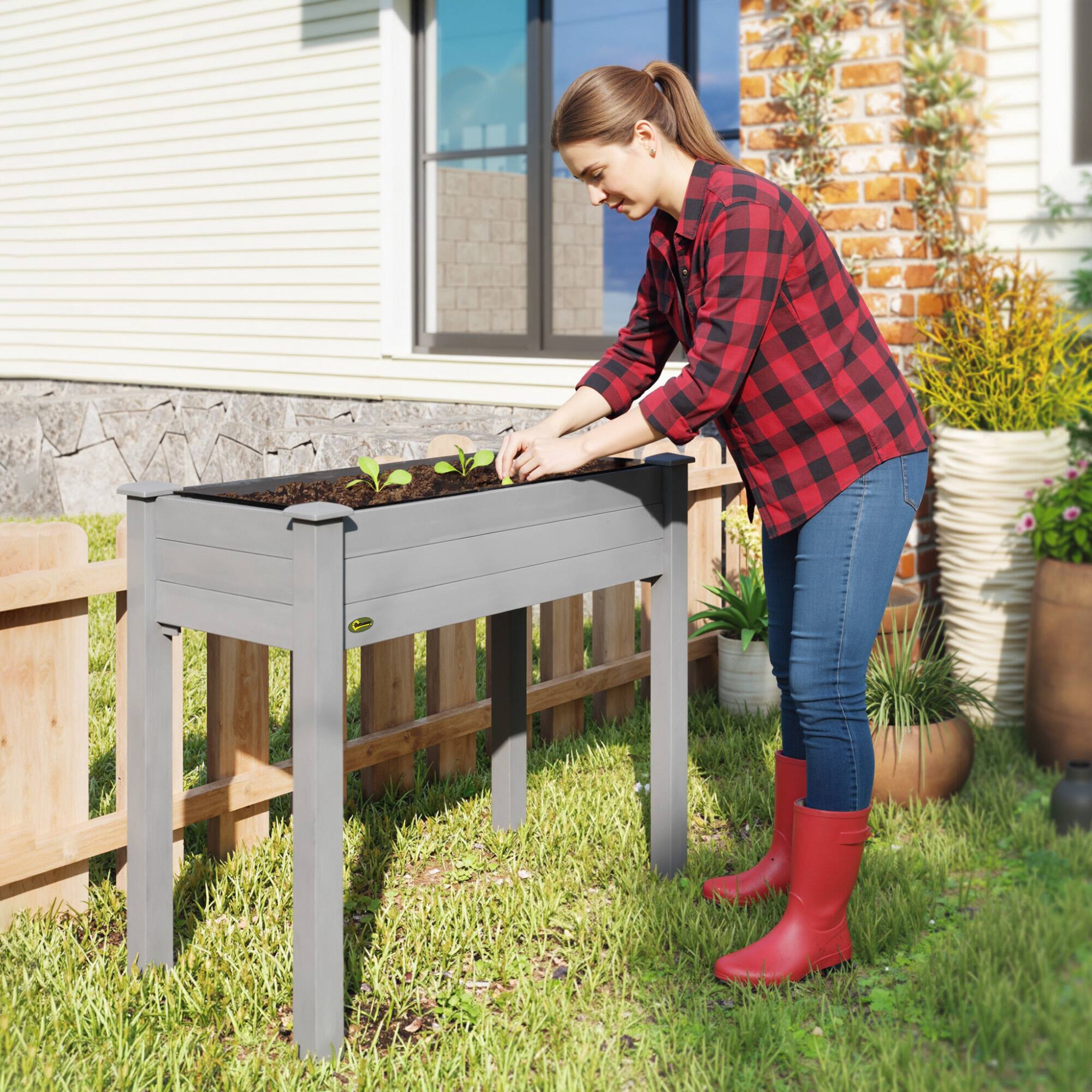 Outsunny Raised Garden Bed, Elevated Wooden Planter Box with Holes for ...