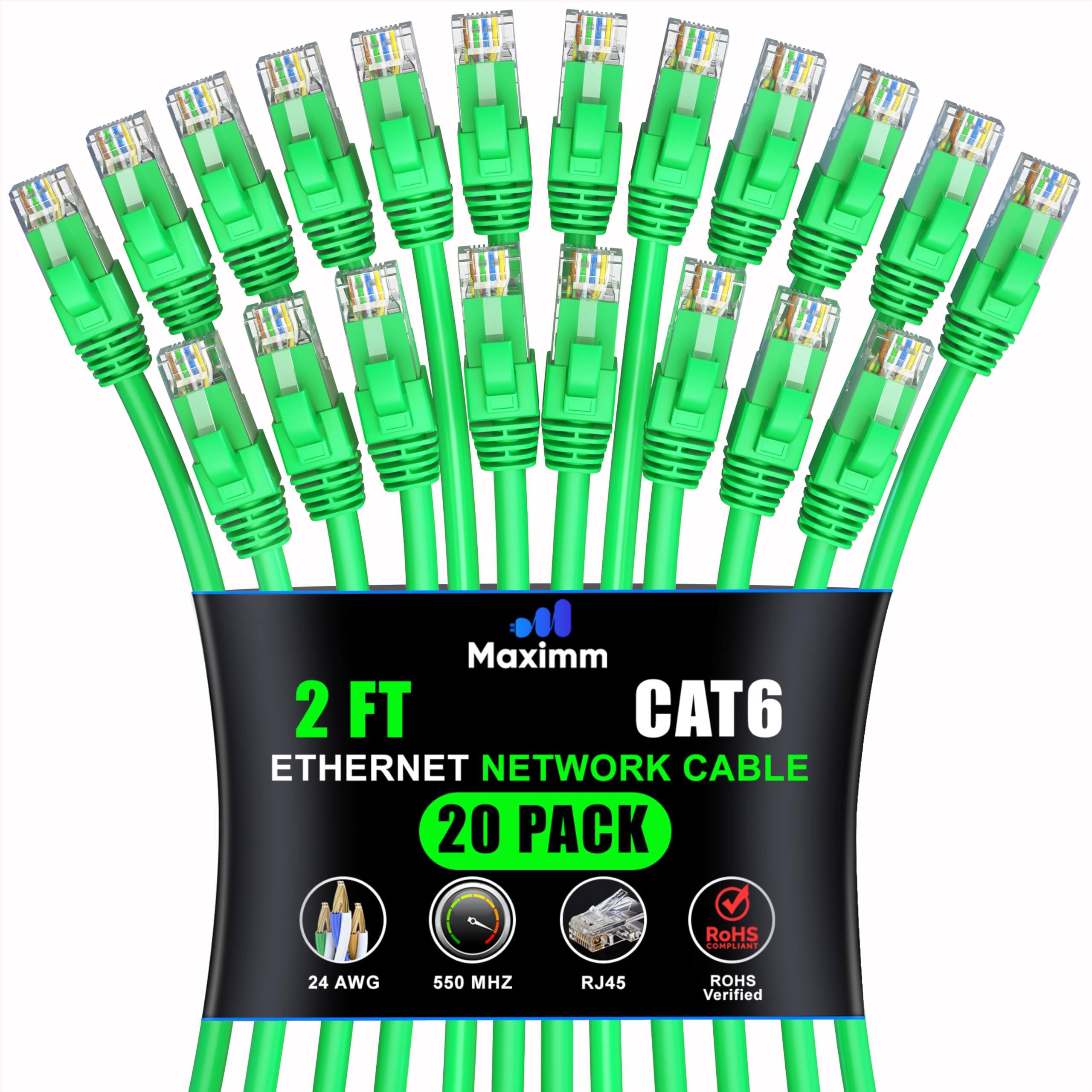 Maximm Cat 6 Ethernet Cable 2 ft (20 Pack) UTP, 10Gbps, 550MHz CAT6CCA ...