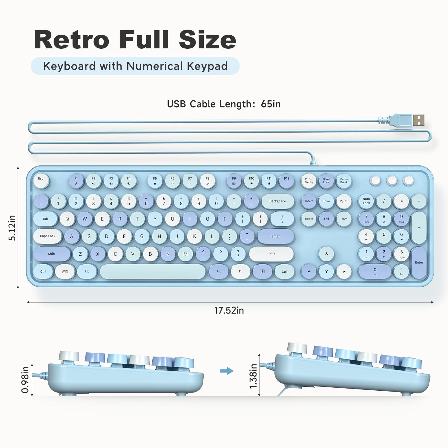 Pacoar Cade Wired Computer Blue Colorful Retro Full Size Round Keycaps ...