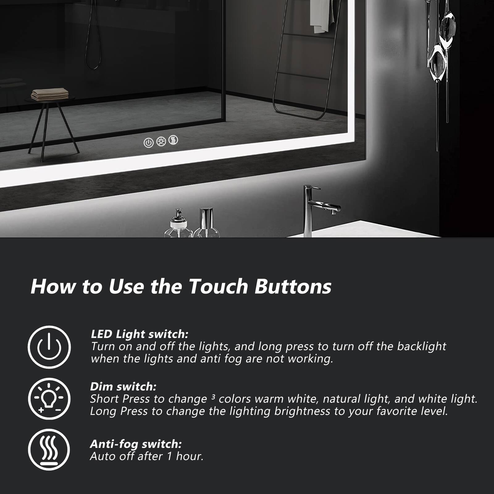 LOVMOR 32x24 Inch LED Bathroom Mirror with Anti Fog Dimmable Lights 3 ...