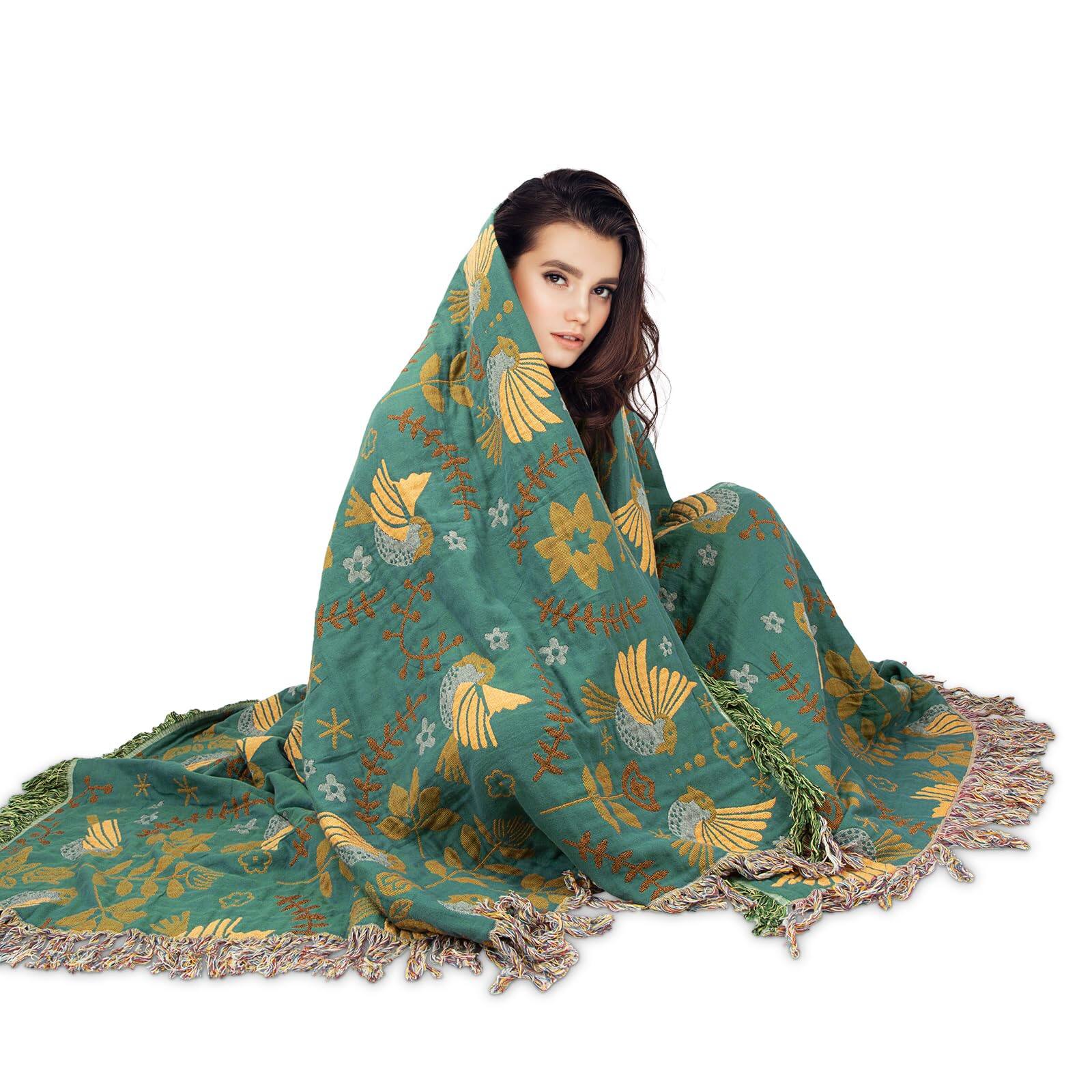 Pacoar Cade Cotton Boho Throw Blanket Soft Lightweight Green Bird ...