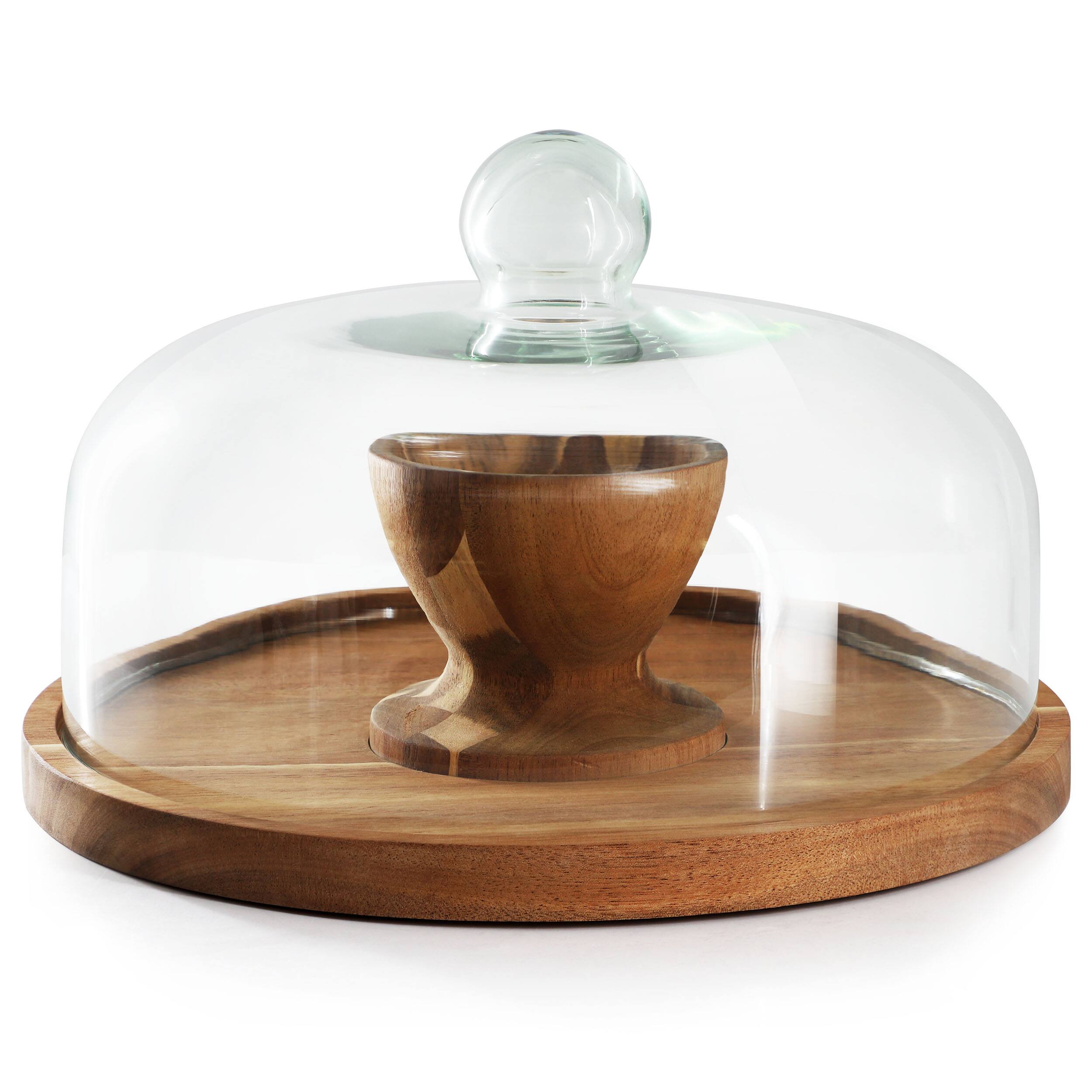 MegaChef Acacia Wood Multi Function Cake Stand with Glass Dome Lid ...