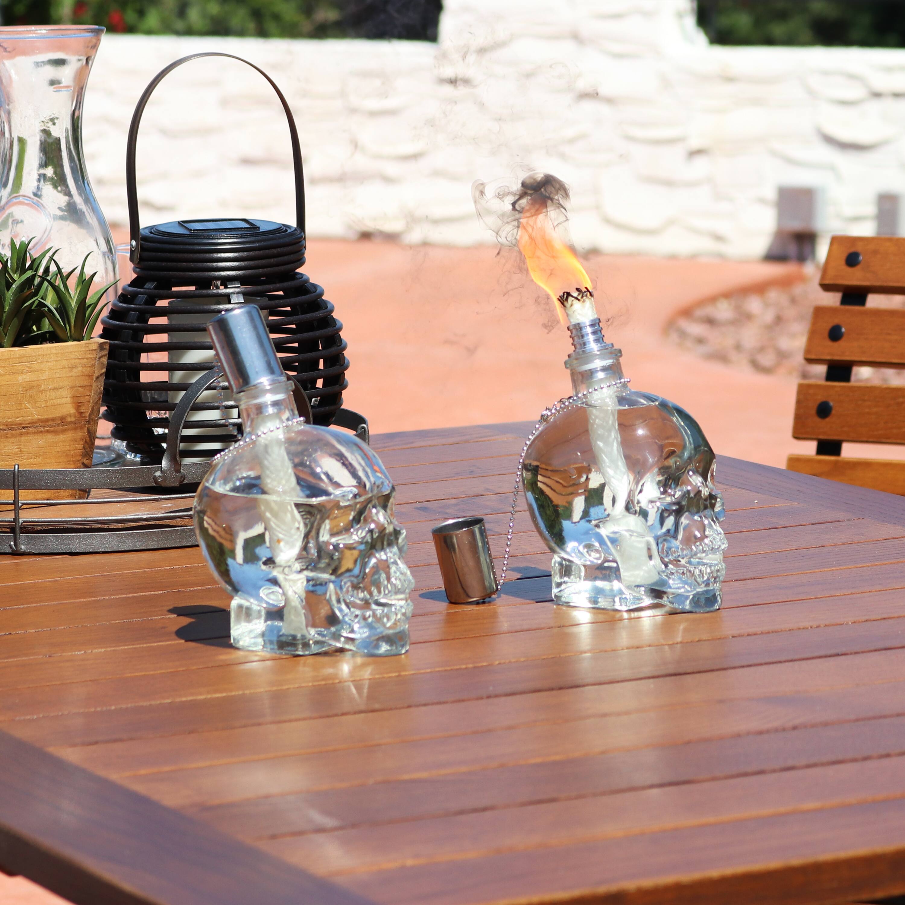 Sunnydaze Glass/Aluminum Grinning Skull Tabletop Torches Set of 4 Clear ...