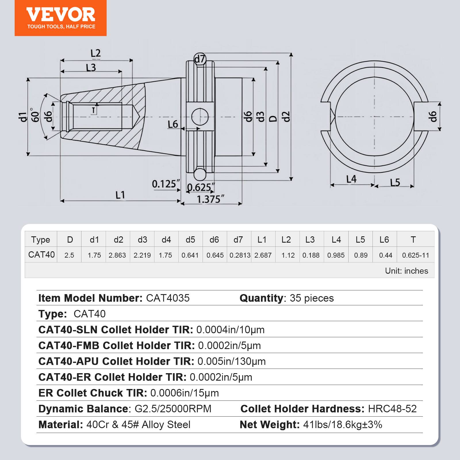 VEVOR CAT40 Collet Holder ER 16/32 Collet Set, 35 PCs, SLN FMB ER16/32 ...