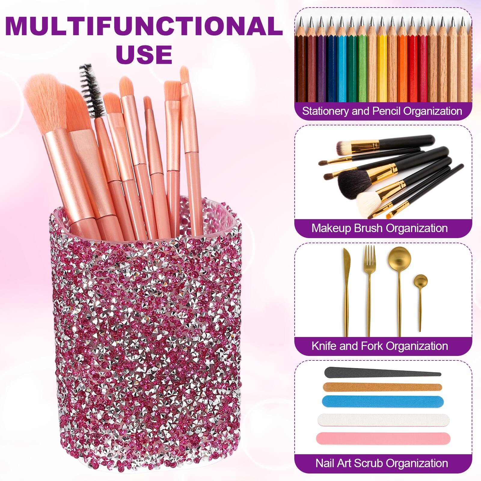 Unique Bargains Crystal Makeup Brush Holder Storage Box Round Pencil ...