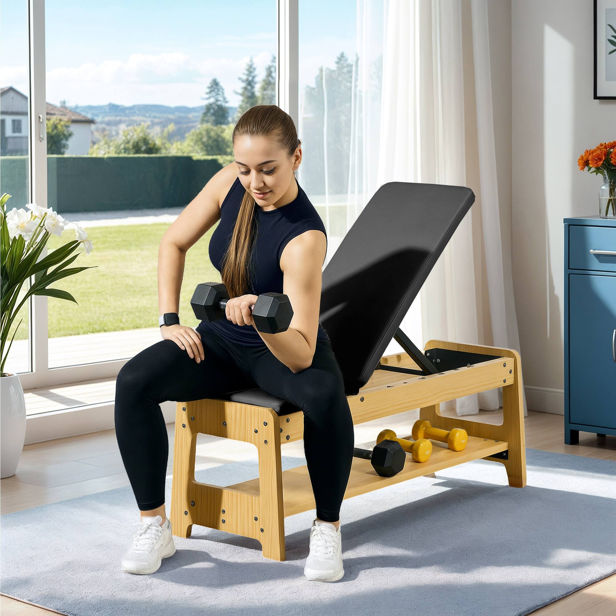 Soozier Adjustable Weight Bench with Dumbbell Rack, Wooden Workout ...