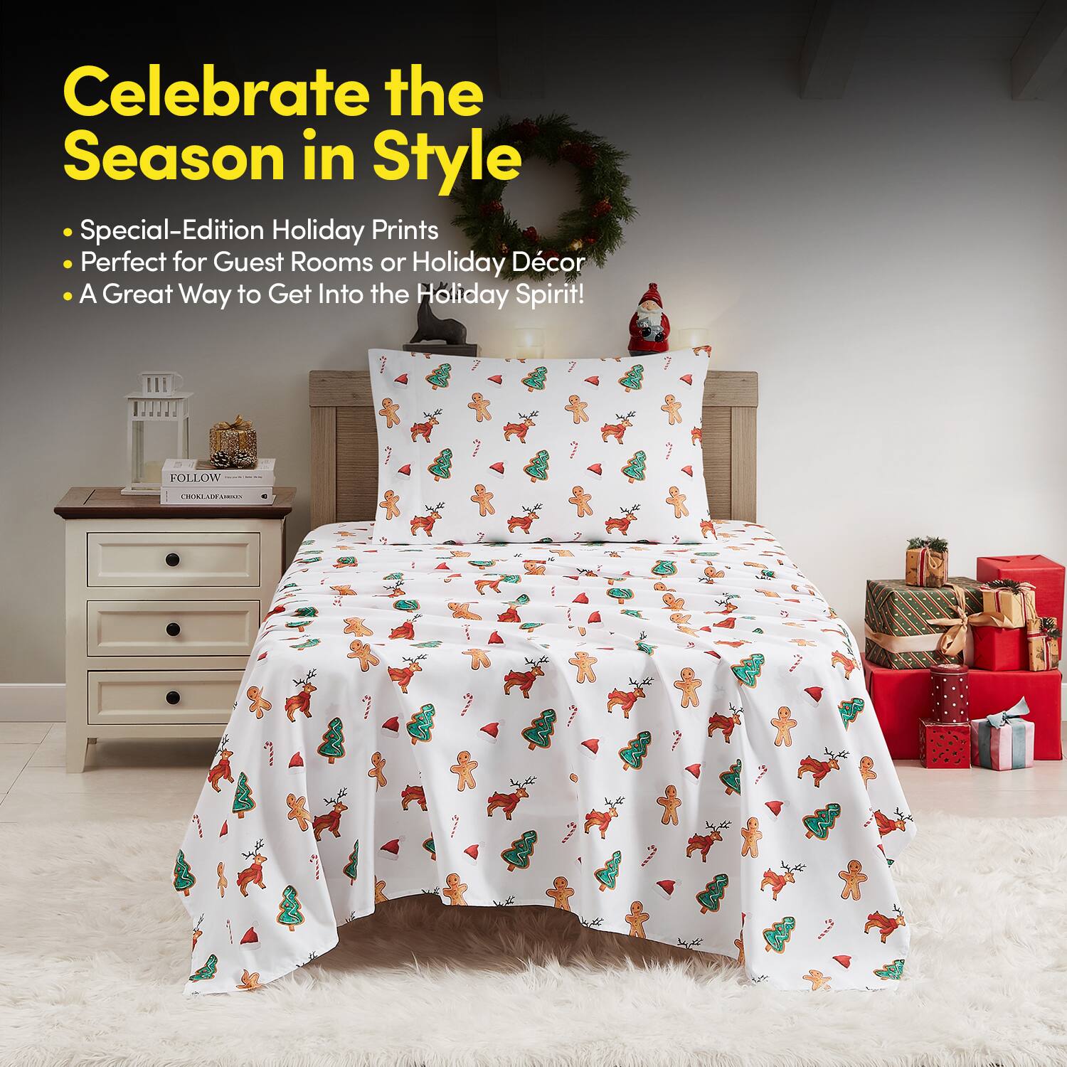 Sweet Home Collection Printed Holiday 3pc Sheet Sets, Easy Care, Soft ...