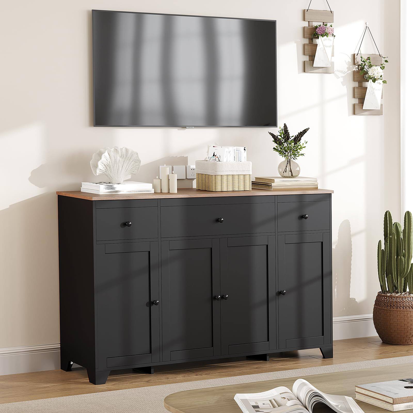 Jojoka 55" Minimalist Sideboard Buffet Cabinet with 3 Drawers, 4 Doors & Adjustable Shelves ...