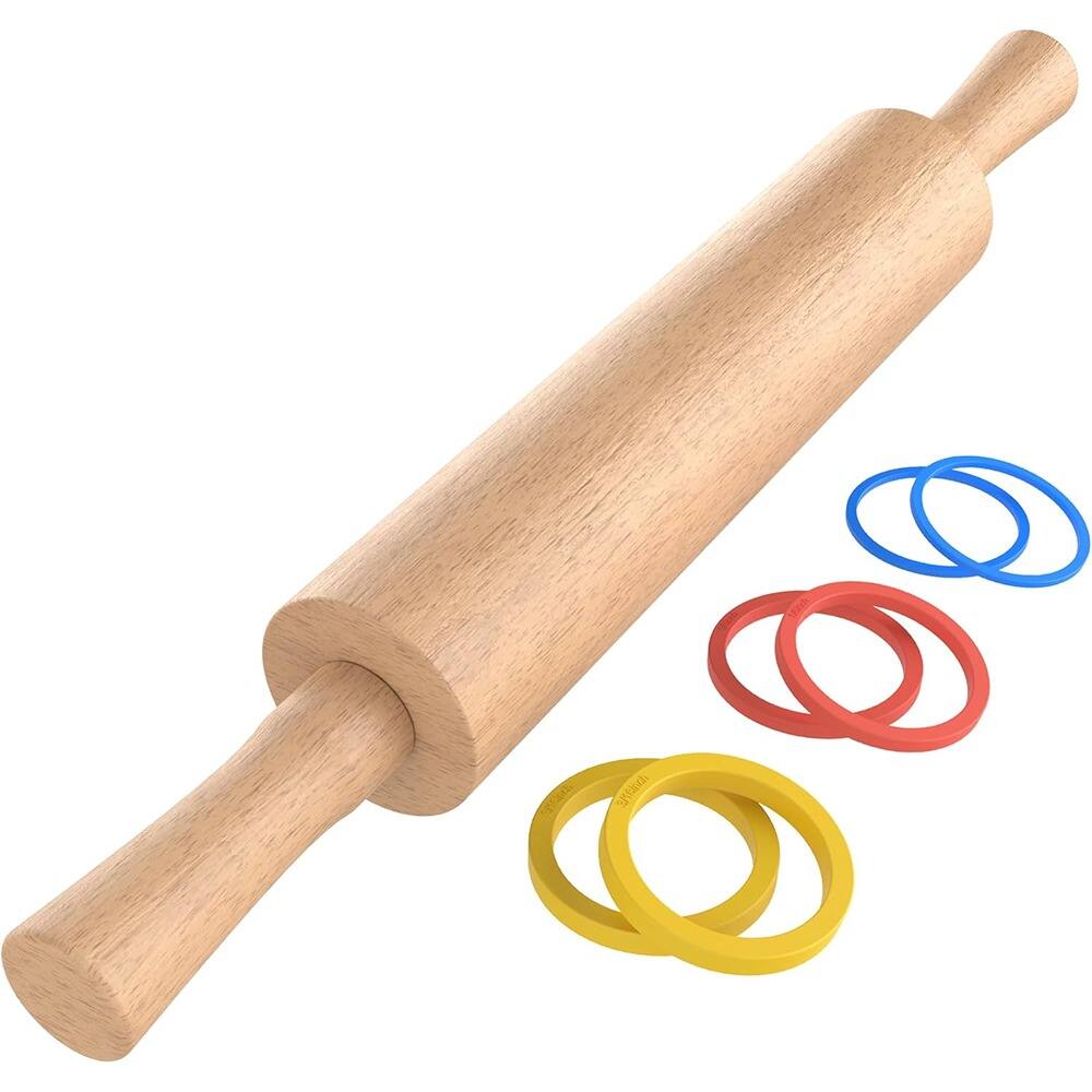 PARKER SLATER 17" Beechwood Rolling Pin with Handle & 3 Thickness Rings ...