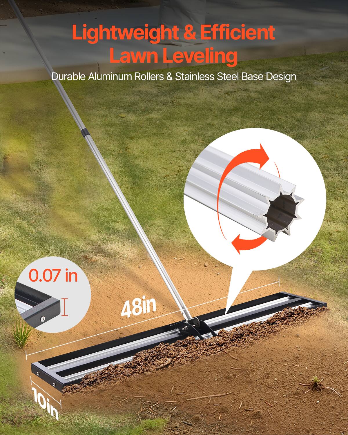 VEVOR Updated Lawn Leveling Rake with Roller, 48'' x 10" Stainless ...