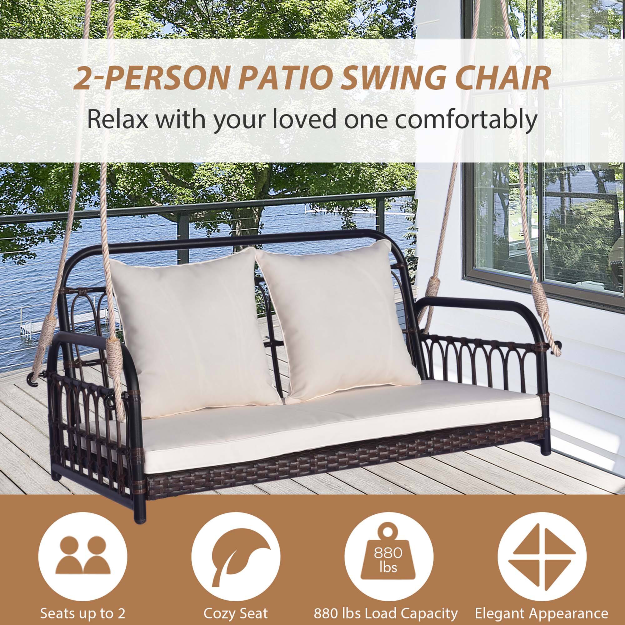 Costway Patio Swing Chair 2 Person Hanging Seat Outdoor Wicker Loveseat Cushioned Porch Mix ...