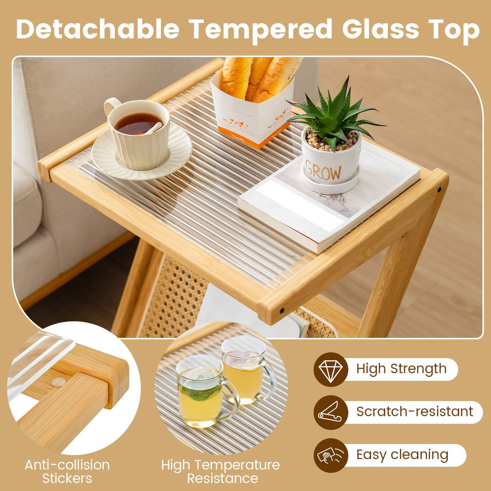 Sugift Boho End Table with Magazine Rack and Tempered Glass Top Natural ...