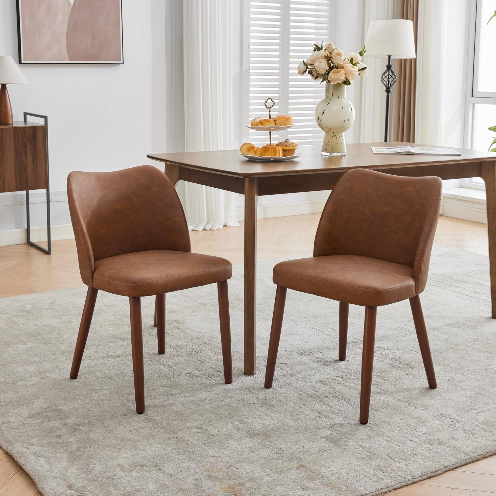 Jojoka Dining Chair Set of 2, Leather Upholstered Side Chair with Wood Legs, Wing Backrest Taupe ...