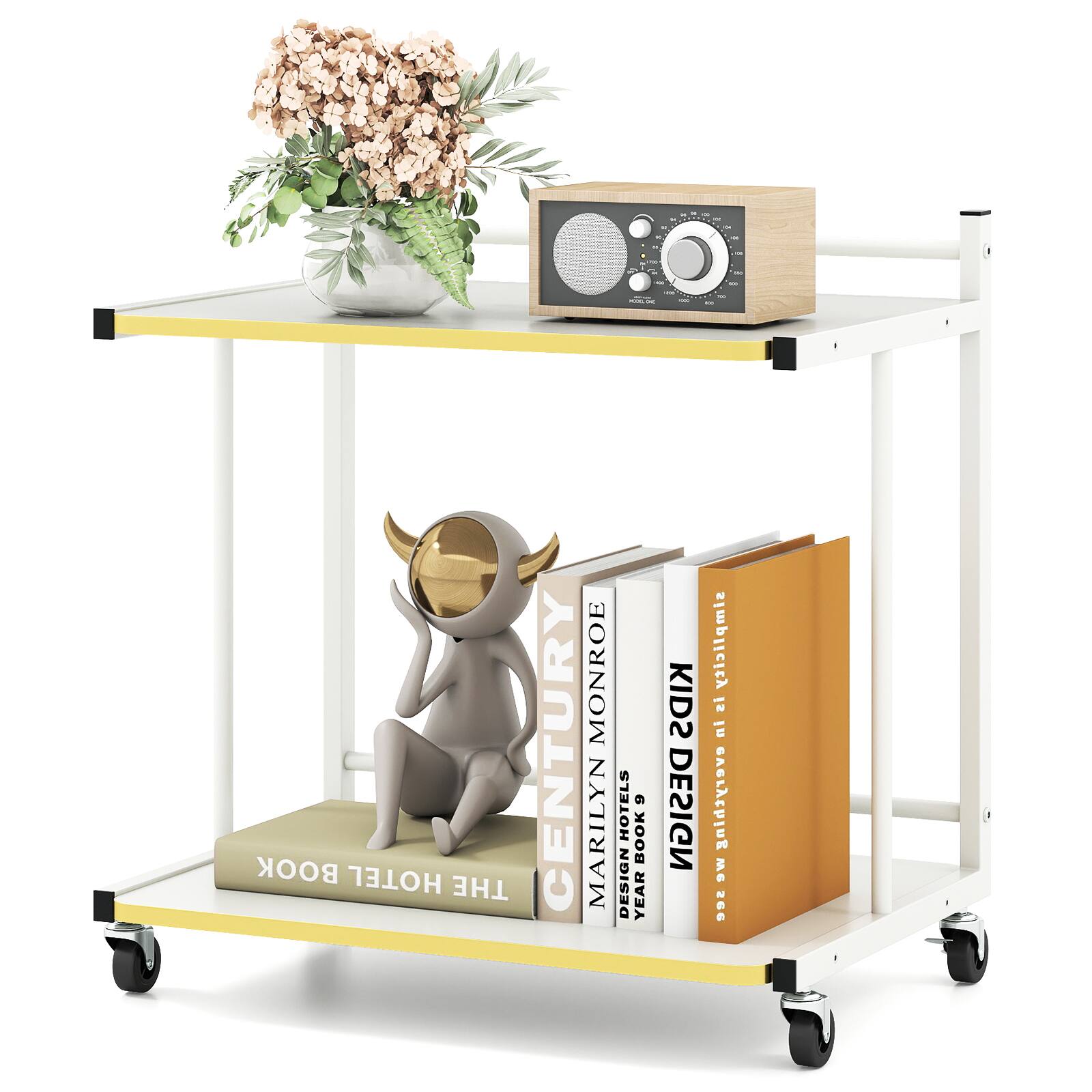 Gymax 2 Tier Mobile Side Table w/Open Shelves Golden Trimmed Edges ...