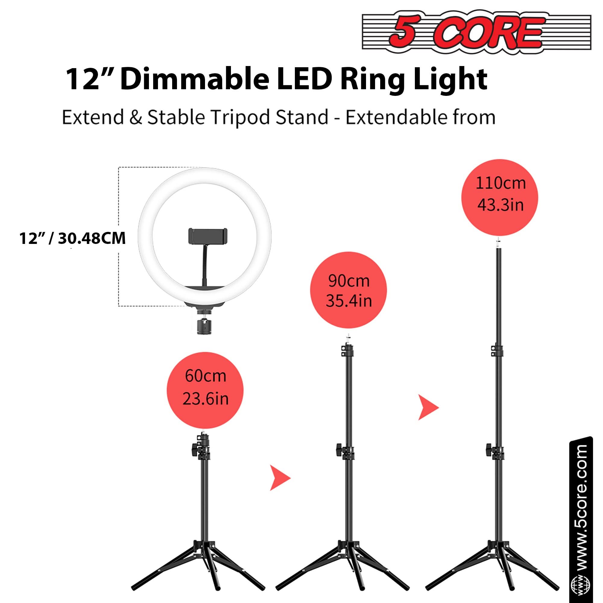 5 CORE 12" Selfie LED Circle Light with 67" Adjustable Tripod Stand ...