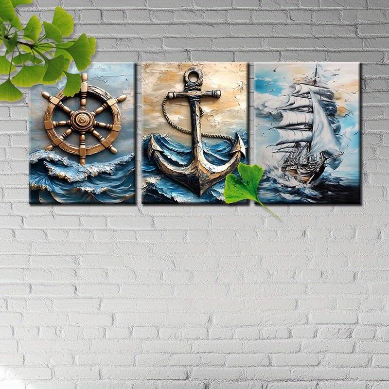 blue Vintage Nautical Wall Art 3pcs Framed Canvas Set with Ship, Anchor ...