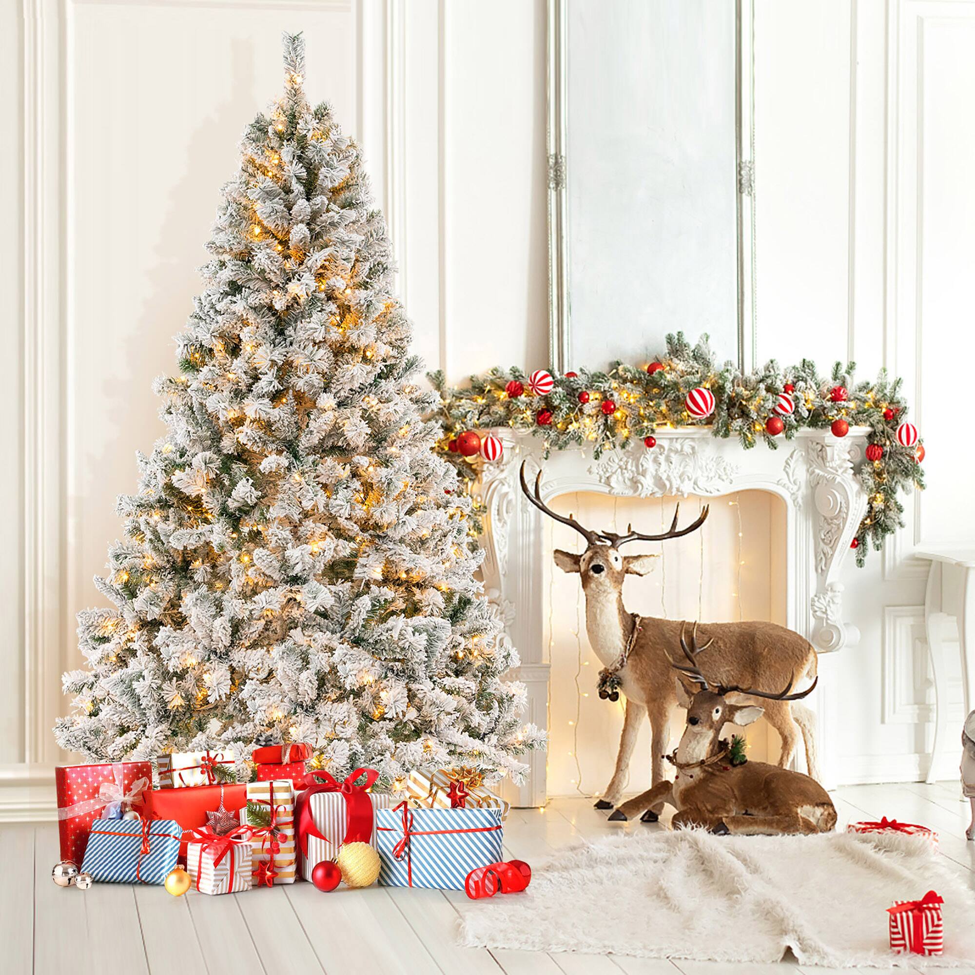 Gymax 7 FT Pre Lit Snow Flocked Xmas Tree 3 Minute Setup Artificial Hinged Christmas Tree Green ...