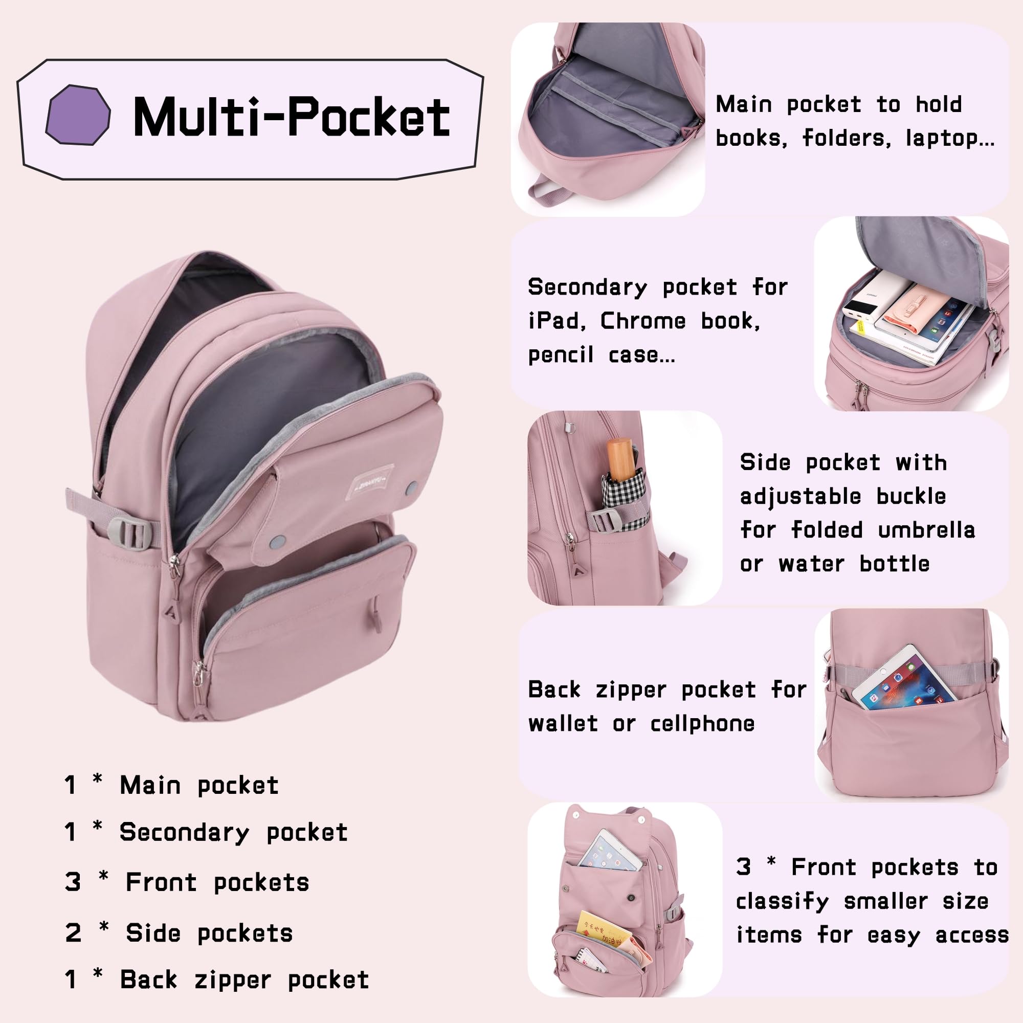 Cozy Serene Backpack For School Pink Multi pocket Bag Teen Bookbag B ...