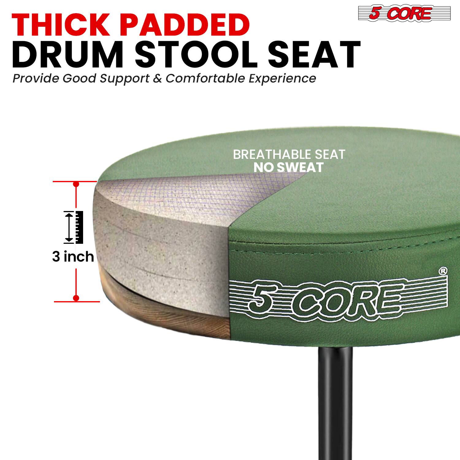 5 CORE Drum Throne 3" Thick Padded Memory Foam Comfortable Drummer ...