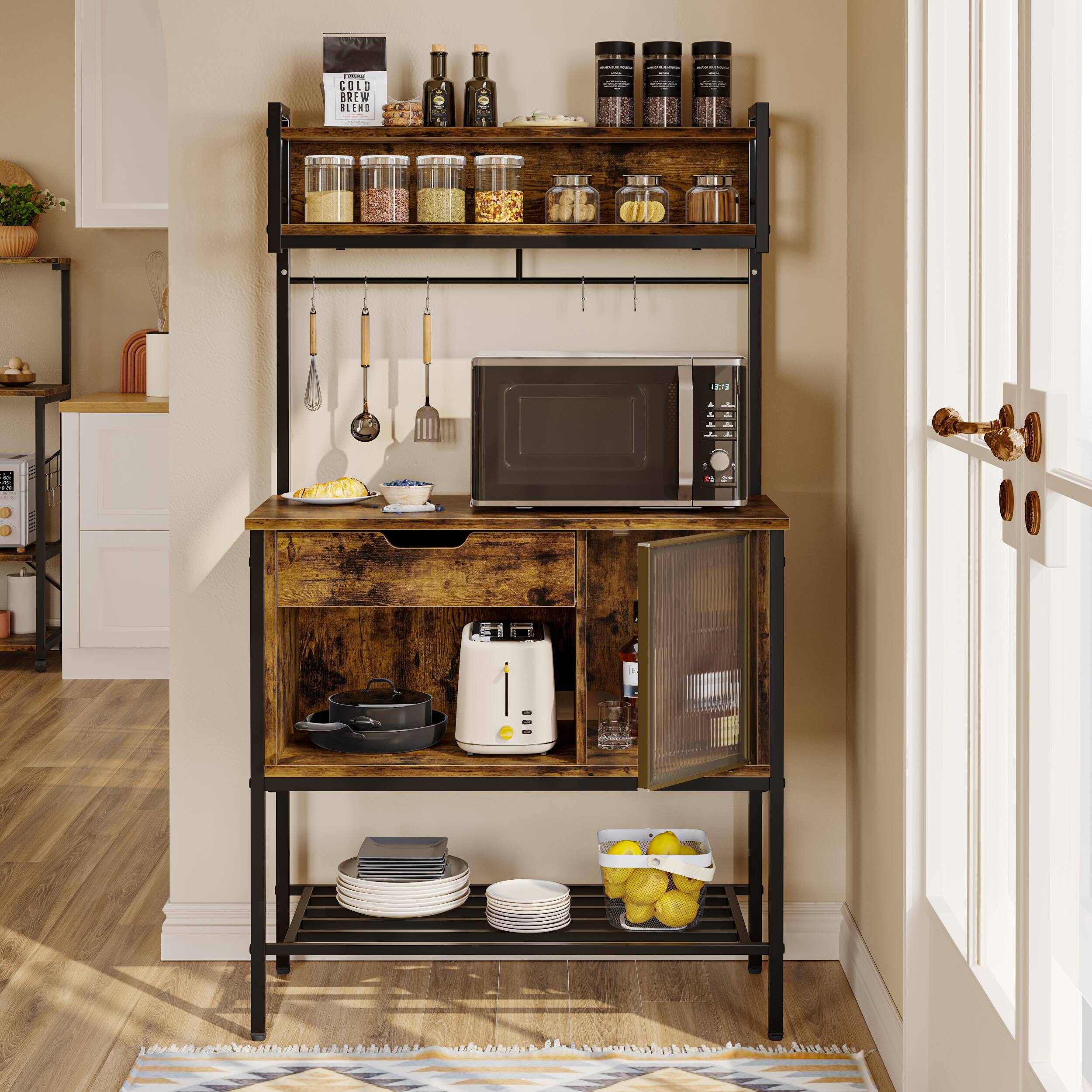 Bestier 60" Kitchen Baker's Rack with LED Lights 6 Tier Microwave Stand with Storage Drawer & 8 ...