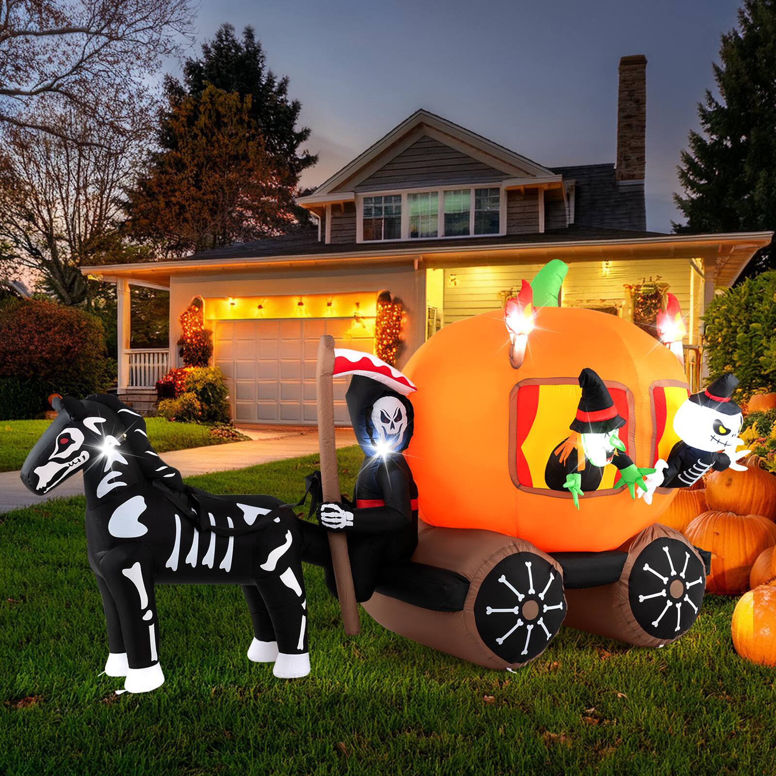 Costway 10.2 ft Long Halloween Inflatable Carriage LED Lighted Carriage ...