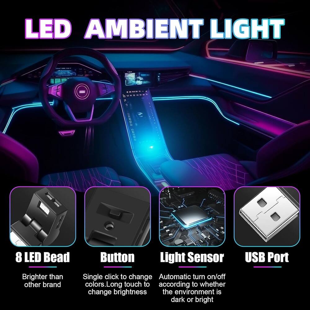 PARKER SLATER 4PCS Mini USB RGB Car Interior Lights, 8 Color Adjustable ...