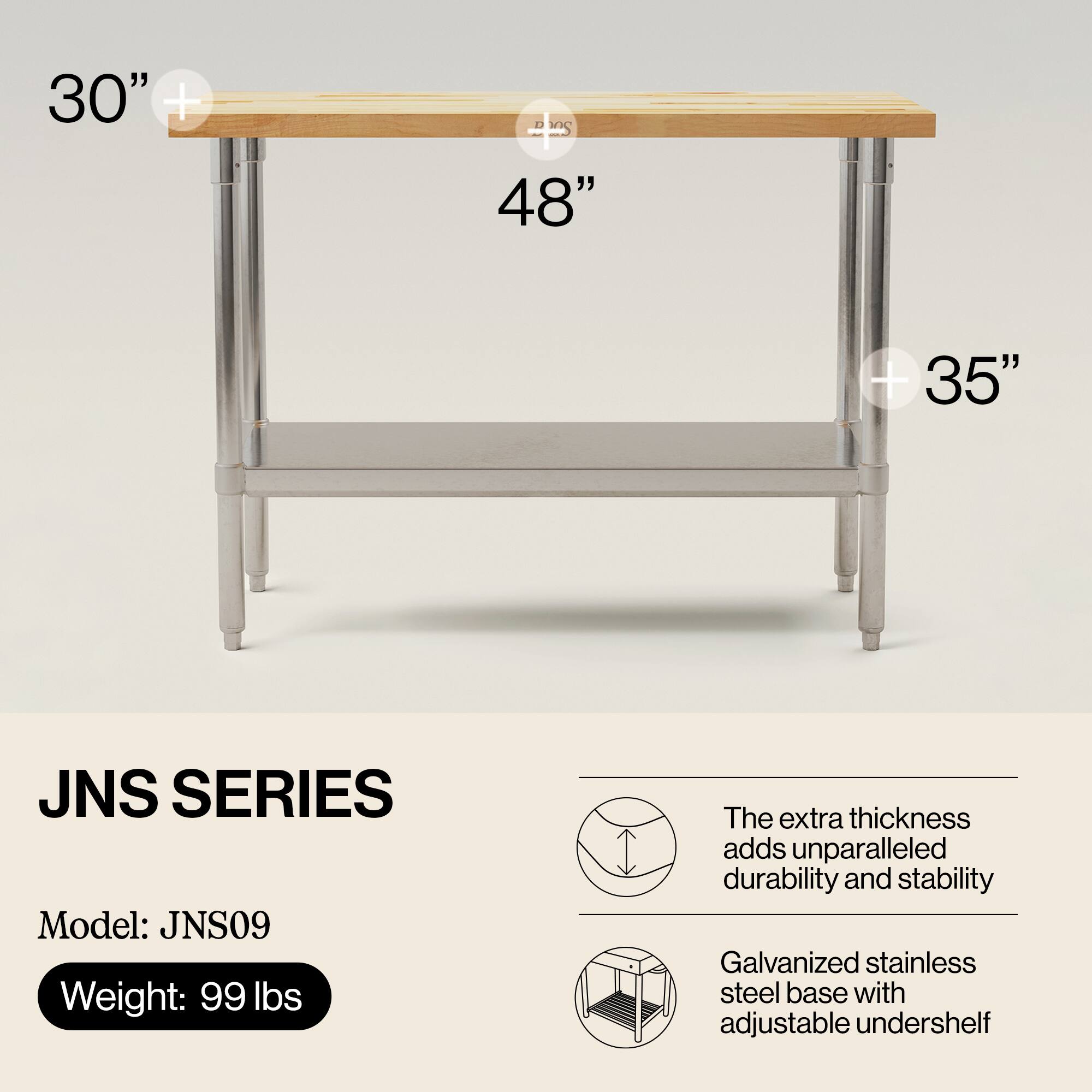 John Boos Maple Wood Top Work Table with Adjustable Lower Shelf, 48 x ...