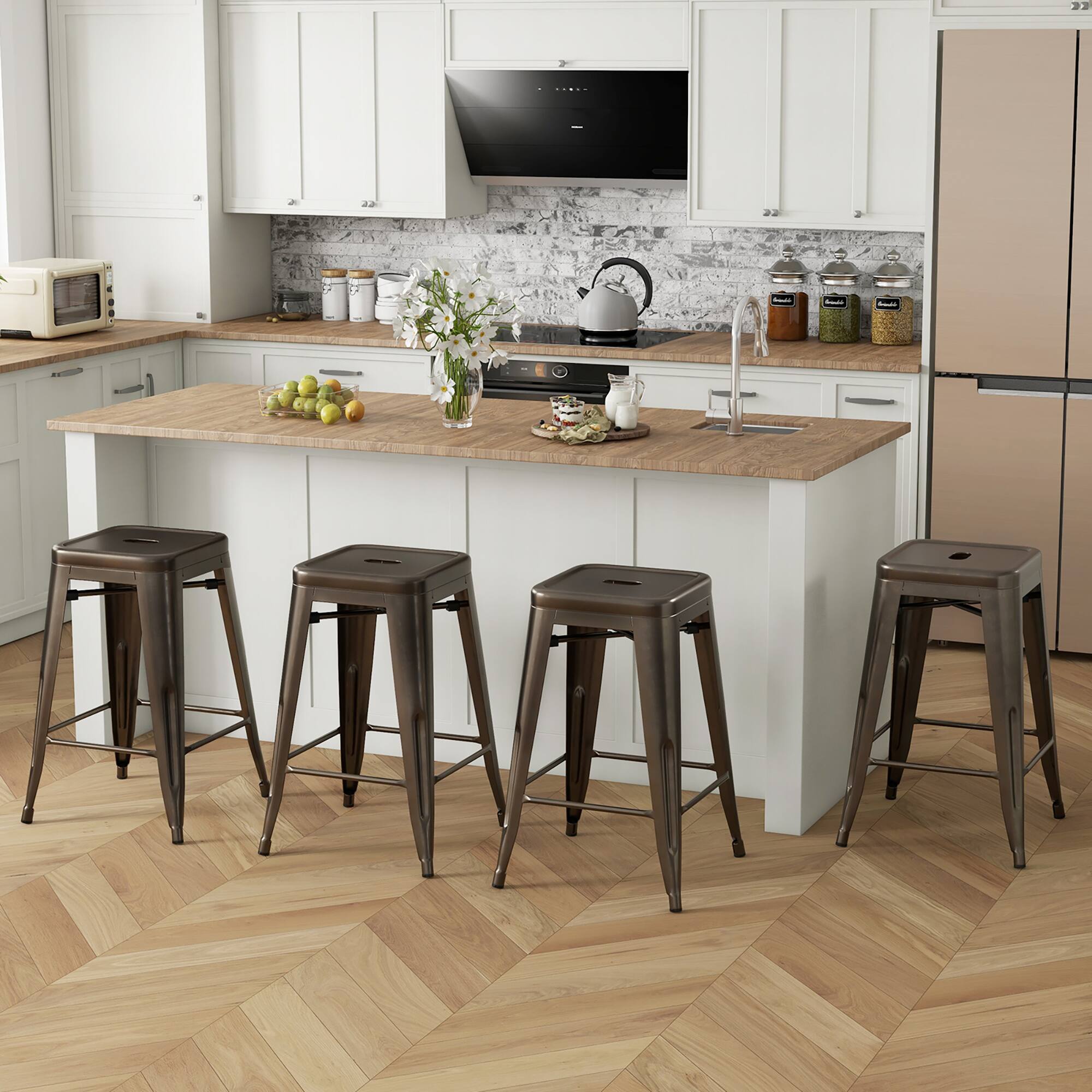 Gymax 24'' Metal Bar Stools Set of 4 w/ Square Seat Patio Bar Stools ...