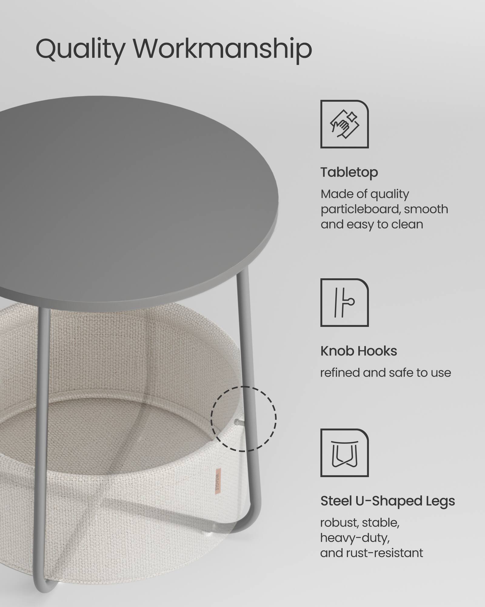 Songmics Home Small Round Side End Table, Modern Nightstand with Fabric ...
