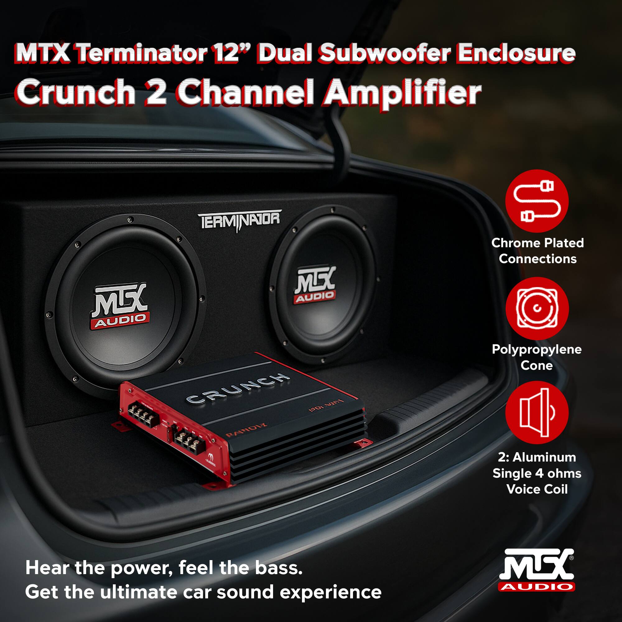 Crunch 2 Channel Car Audio Amplifier & MTX 12 In Dual Loaded Subwoofer Enclosure Black PX-1000.2 ...
