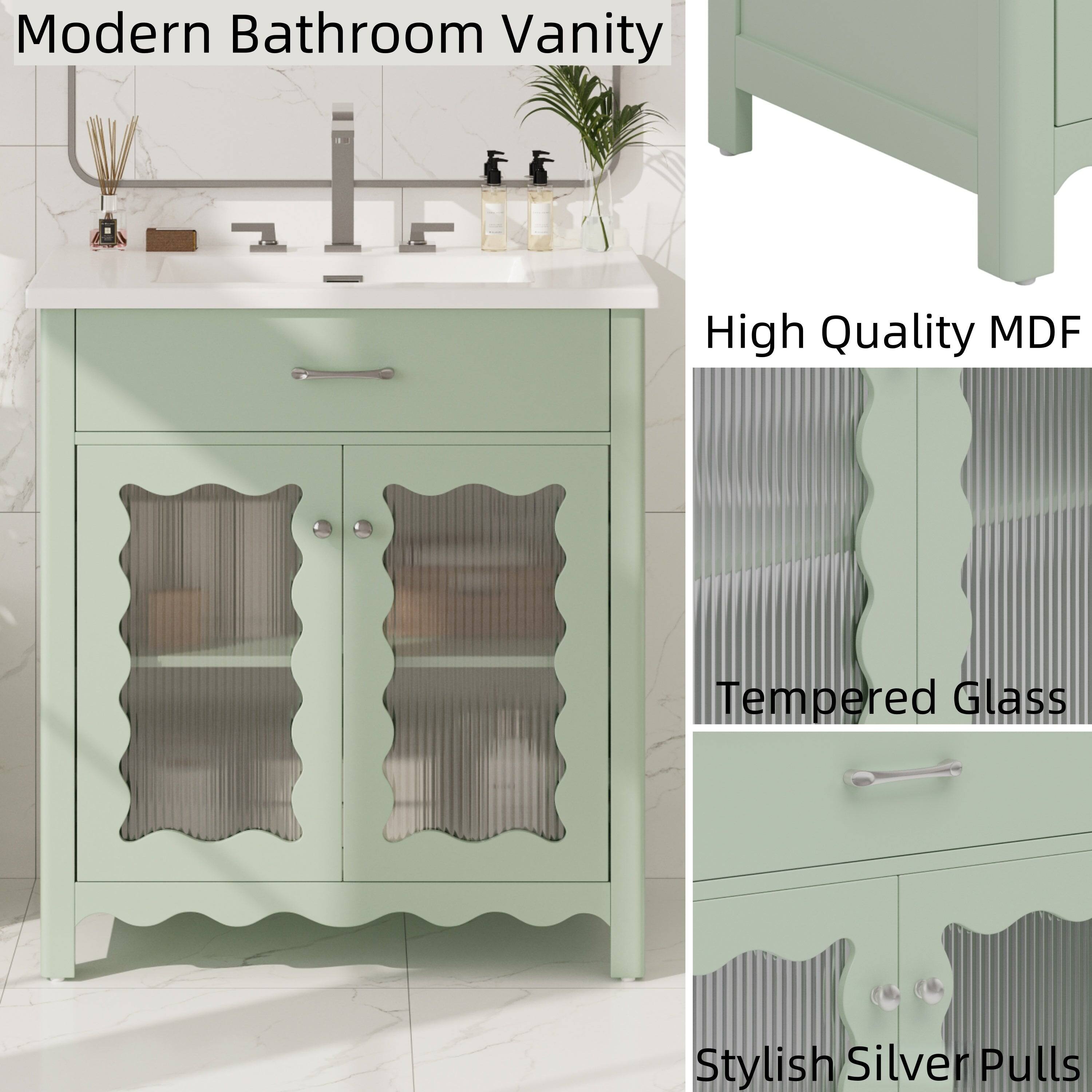 Boyel Living 31 Inch Bathroom Vanity with Tempered Glass Modern Cabinet ...