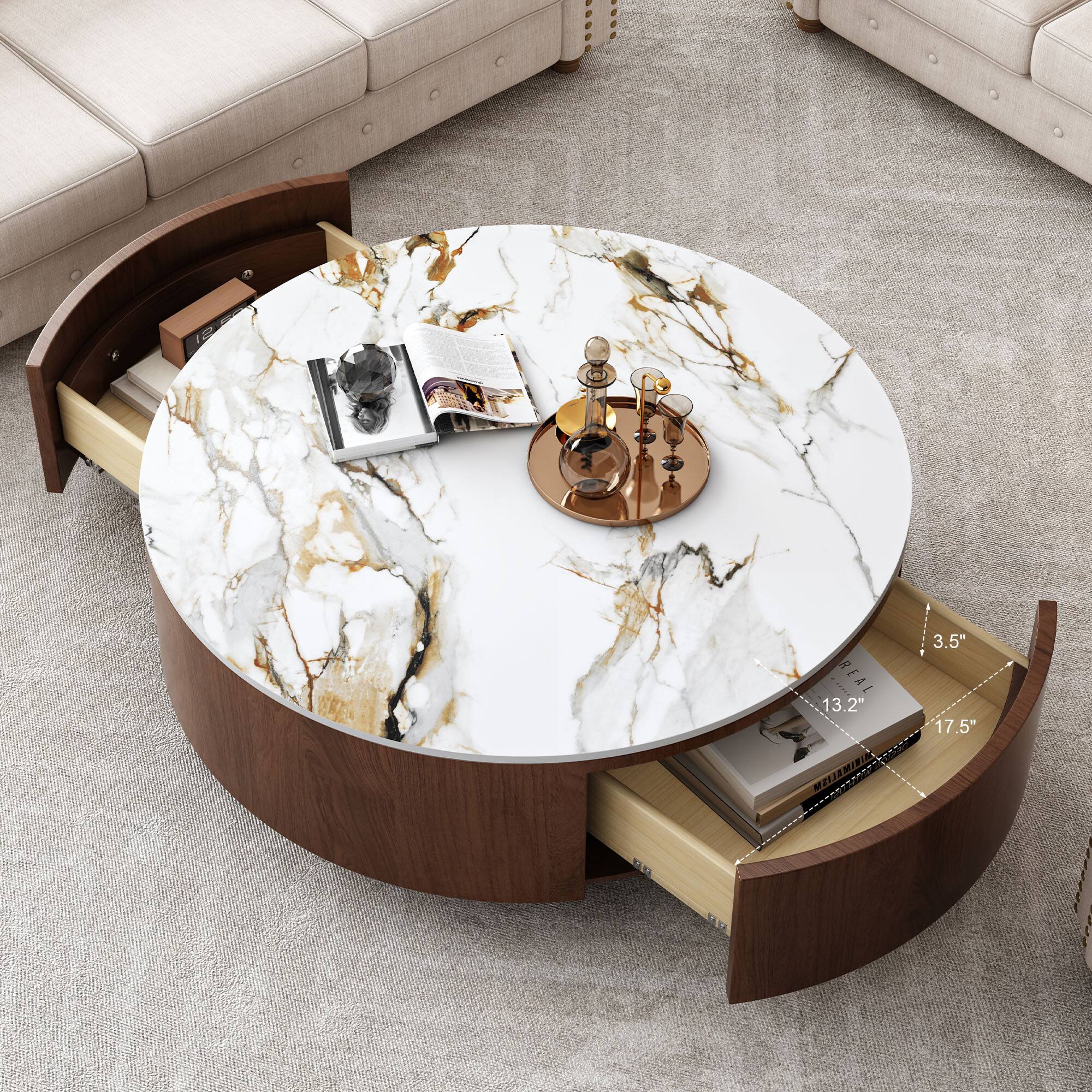 Chery Life Rustic Round Coffee Table with 2 Drawers and Sintered Stone ...