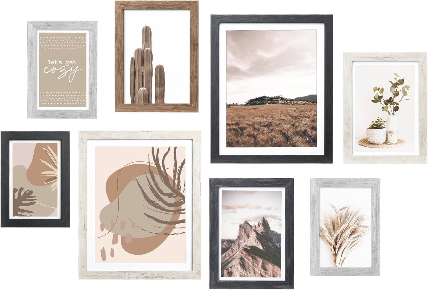 blue Gallery Wall Frame Set for Stairway, Neutral Wood Picture Frames ...