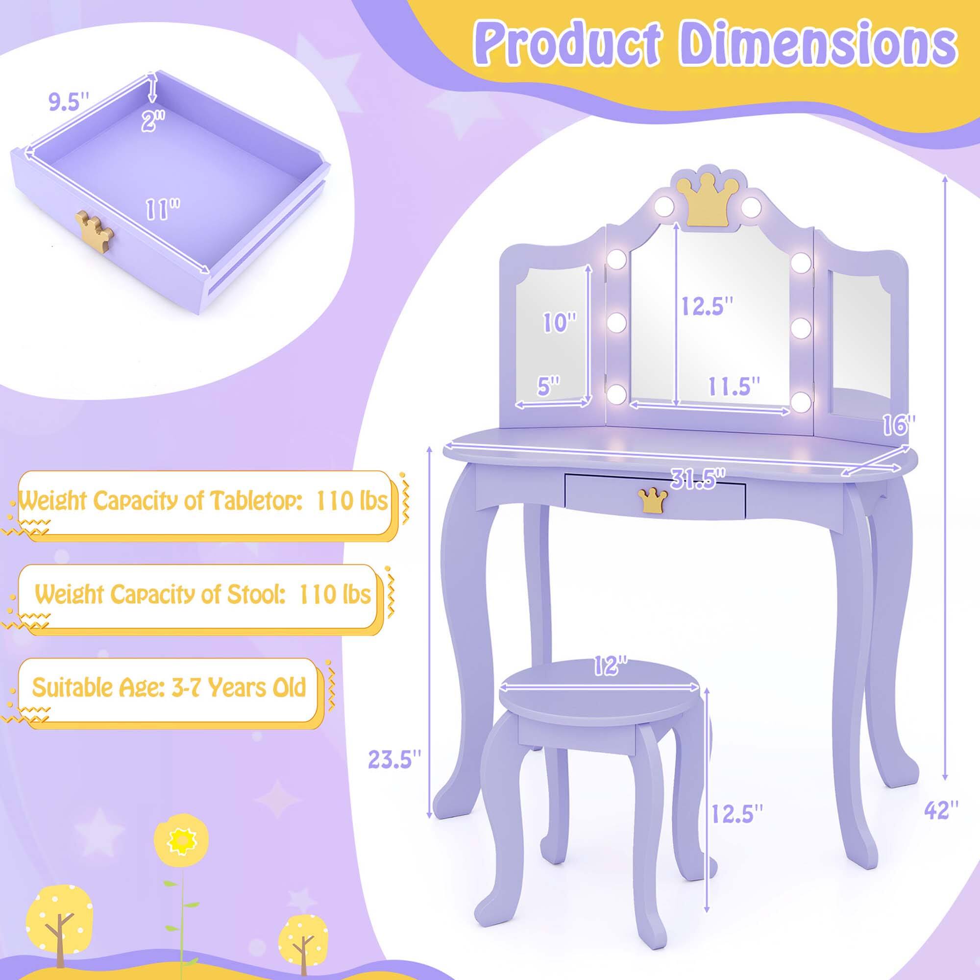 Costway Kids Vanity Set Princess Vanity Table & Chair Set with Lighted ...