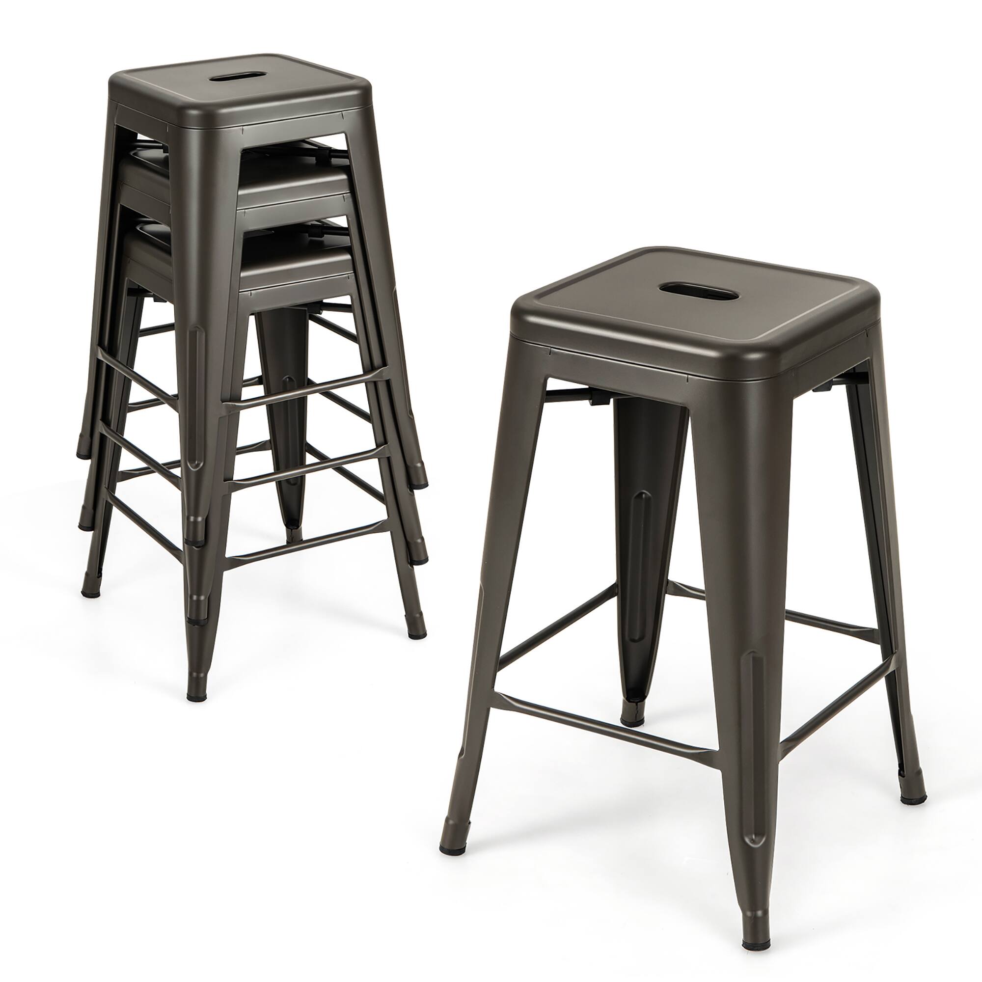 Gymax 24'' Metal Bar Stools Set of 4 w/ Square Seat Patio Bar Stools ...