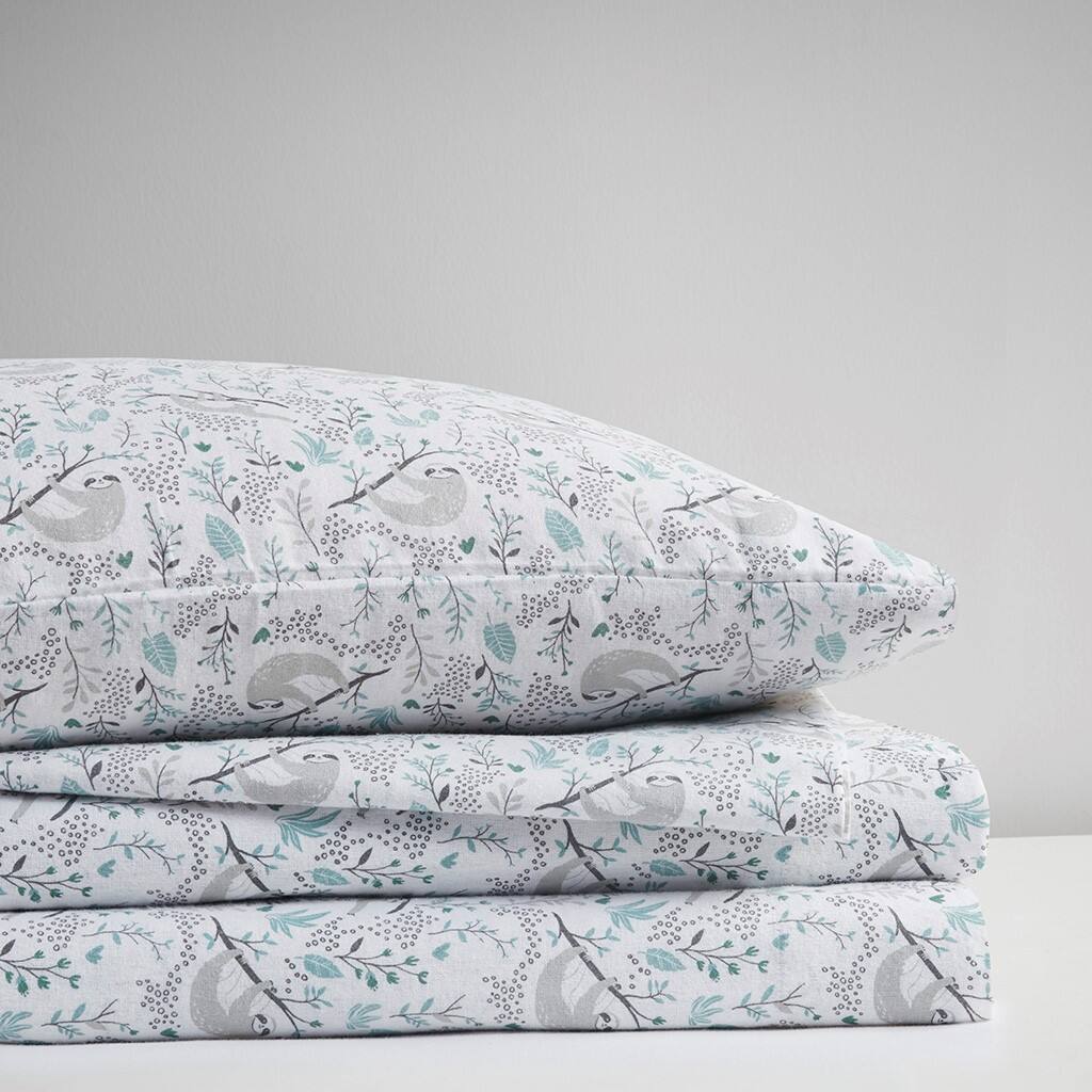 Gracie Mills Atticus Cotton Flannel Printed Sheet Set Grey Sloths 7402 ...