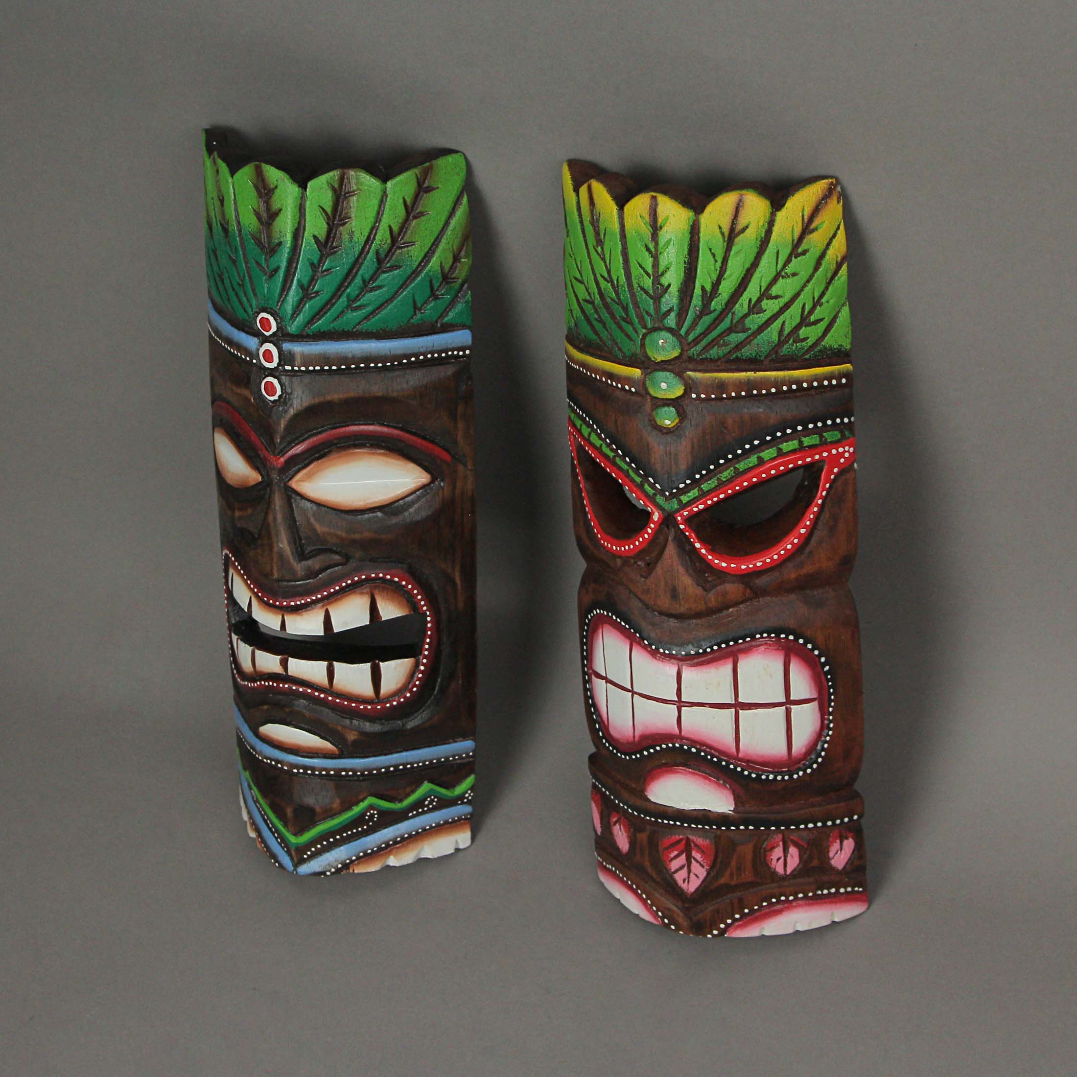 J.D. Yeatts Set of 2 Hand Carved Wooden Tiki Masks Blue & Green Flame ...