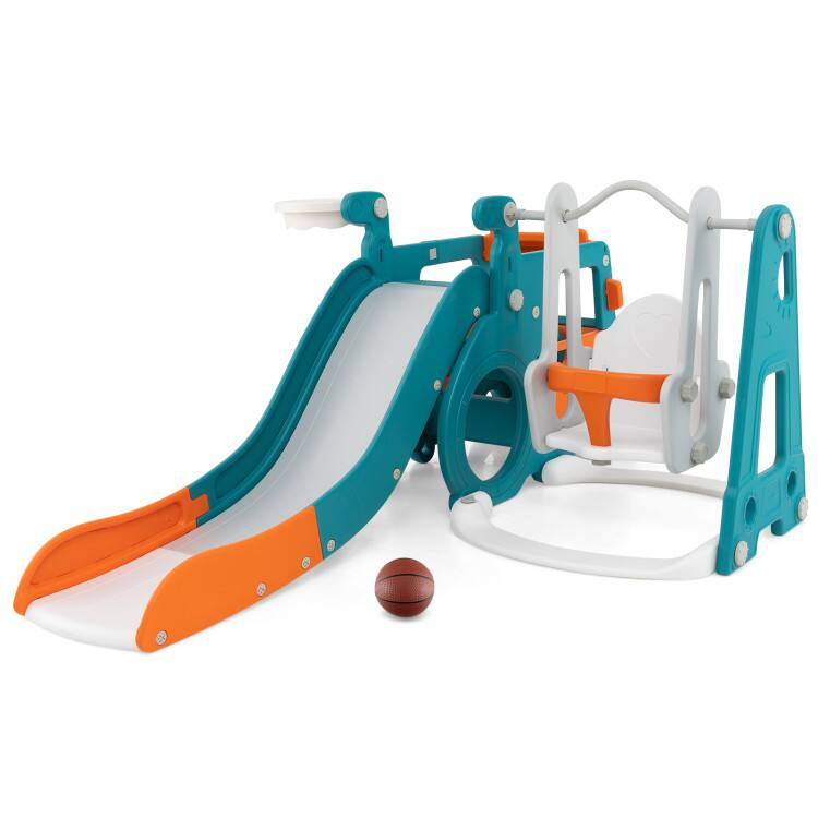 SlickBlue 5 in 1 Kids Slide and Swing Set with Mini Bus and Basketball ...