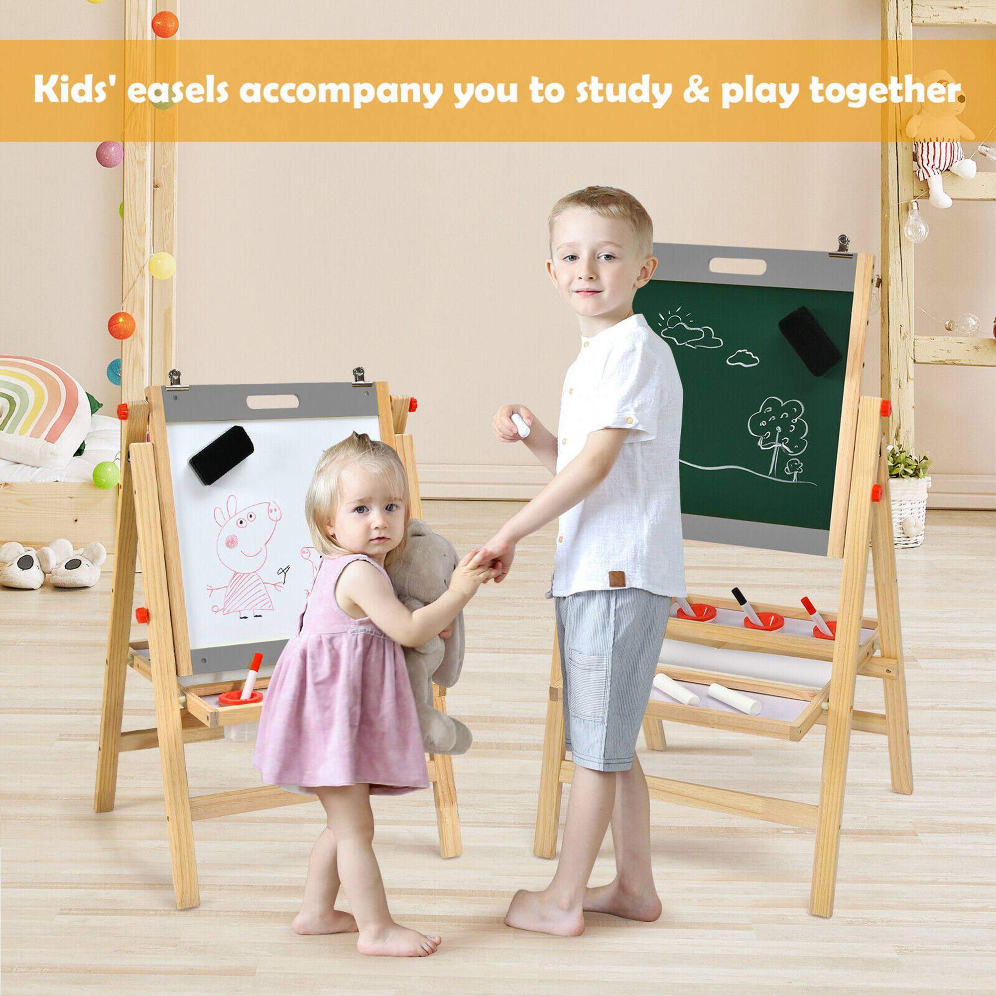Costway Kids Art Easel w/ Whiteboard & Paper Roll Double Sided Chalkboard Nature, Grey COST01634 ...