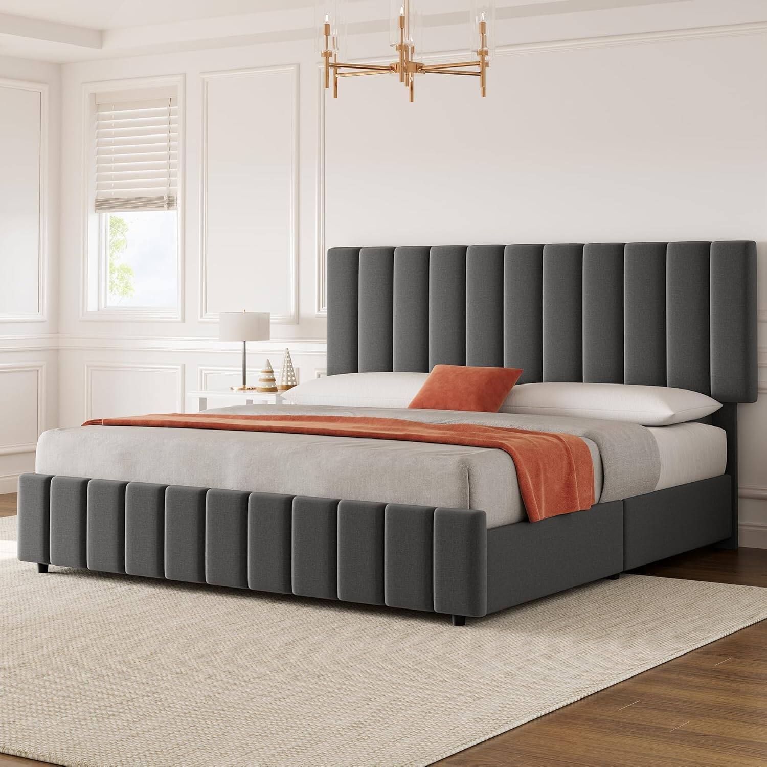 Jojoka Queen Linen Upholstered Platform Bed Frame with 4 Storage ...