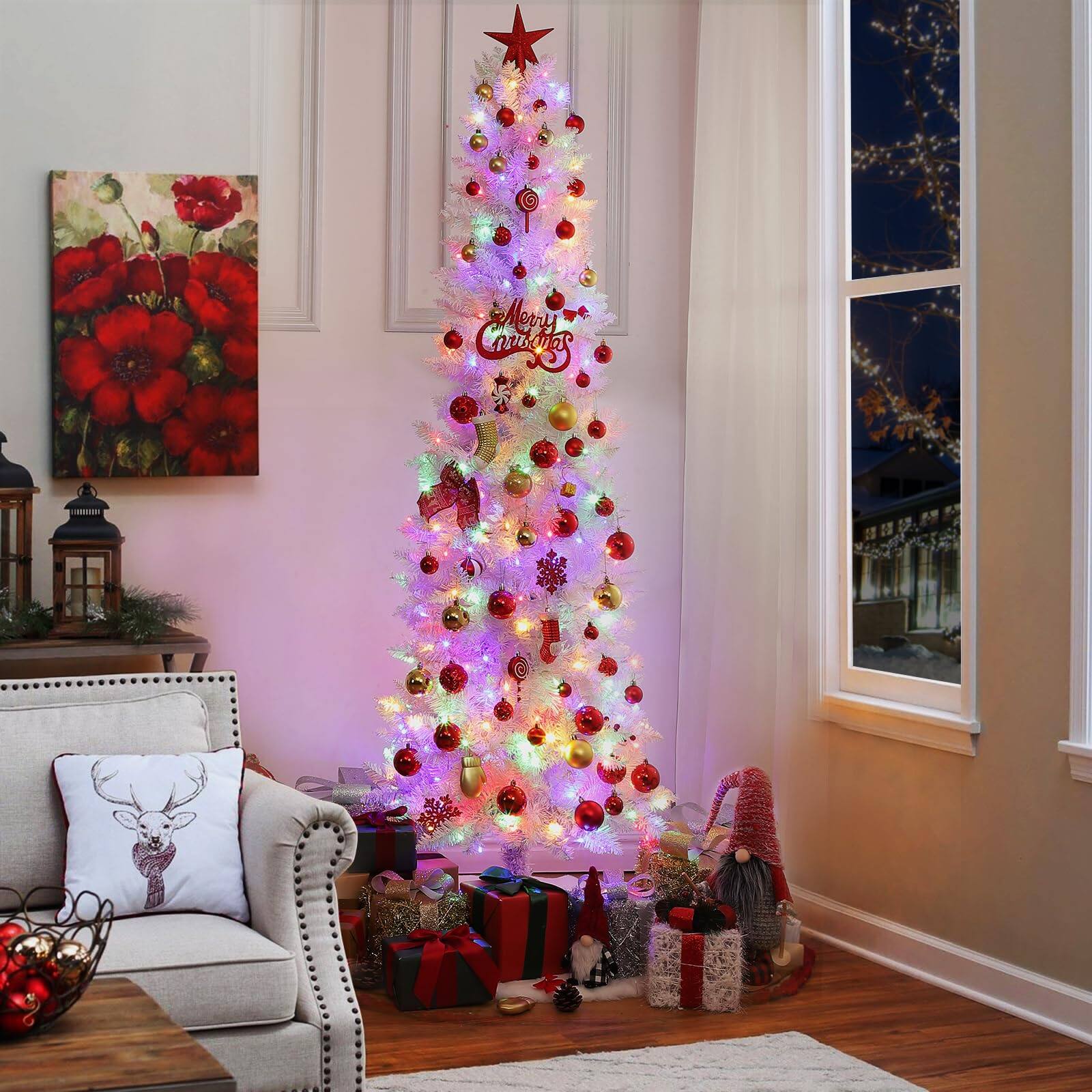 Jojoka 6ft Slim White Pencil Christmas Tree with 250 Stepless Dimmable ...