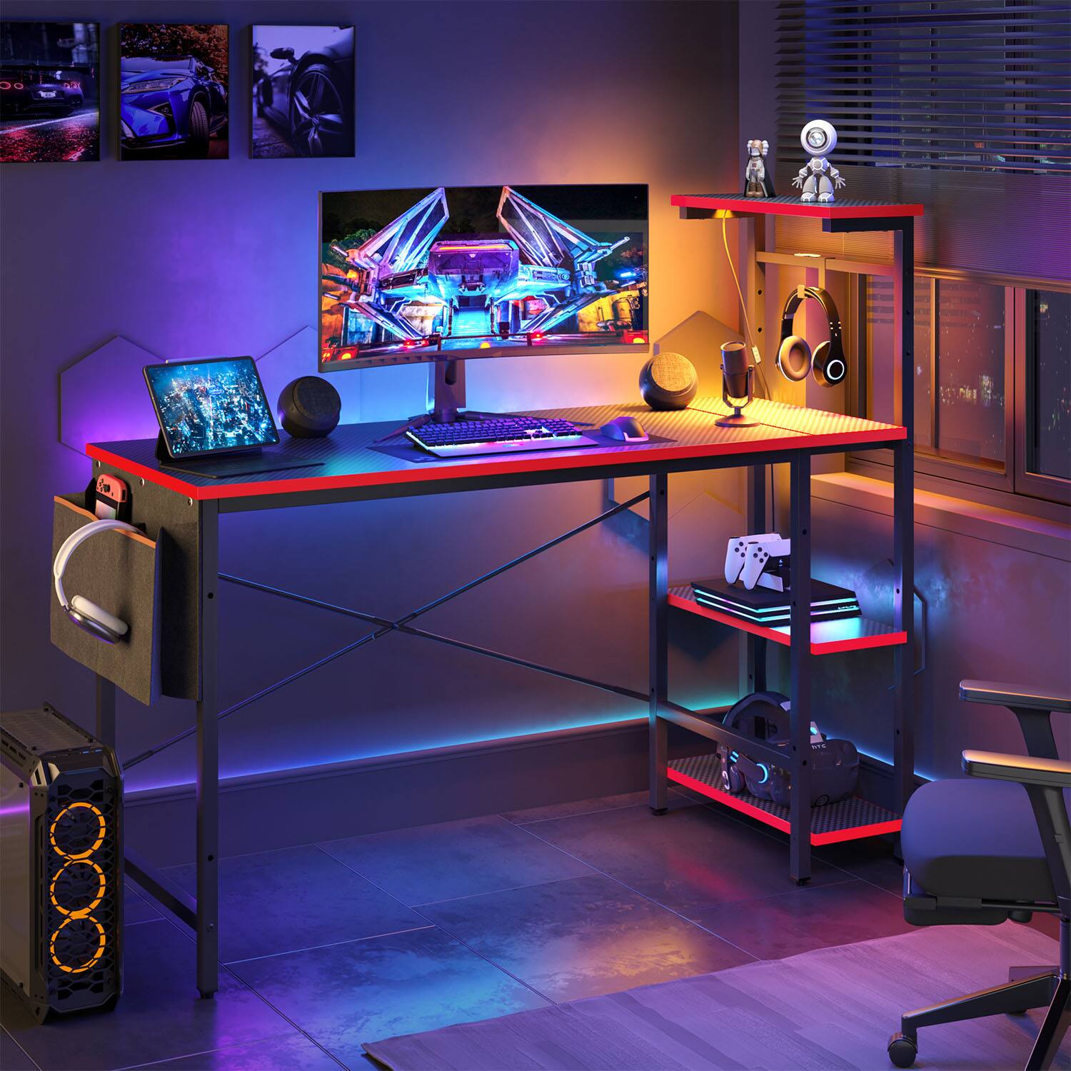 Bestier 55 inch Gaming Desk with 4 Tier Storage Shelves, RGB Lights ...