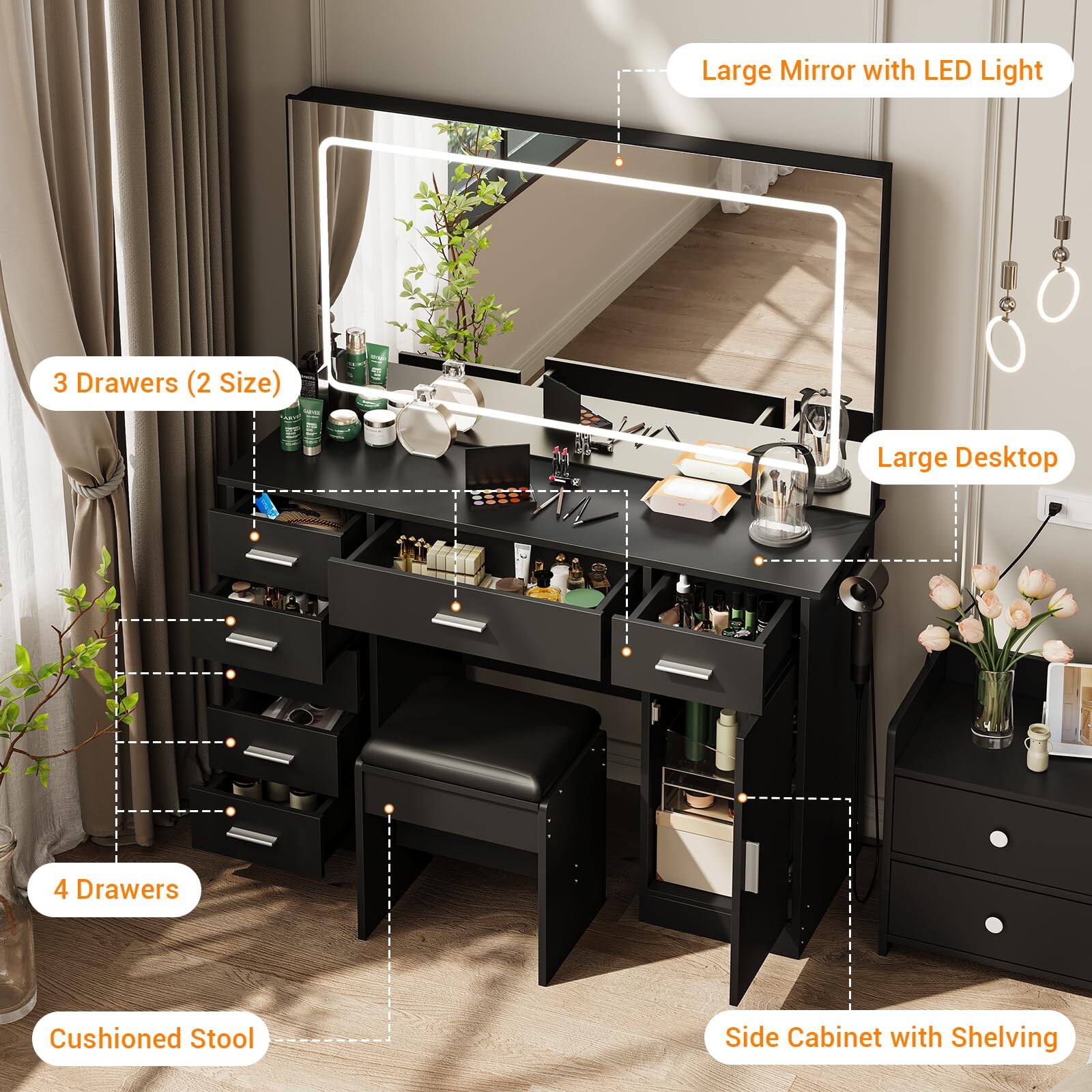 Acekool Modern Makeup Vanity Set, Vanity Desk with LED Mirror ...